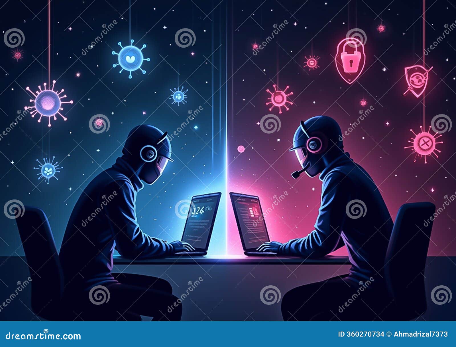Cyber Security War Concept Illustration - Good Vs Evil Hackers in a Digital World with Viruses ...