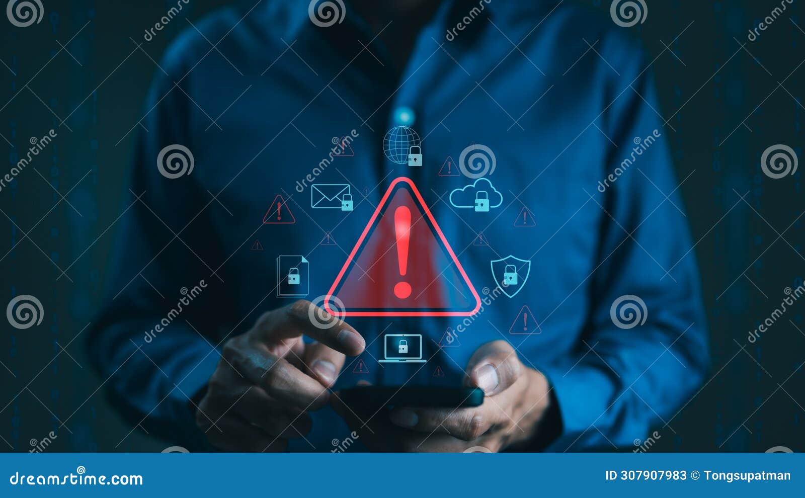 Cyber Security Warning Alert System Concept. Businessman Use Smartphone ...