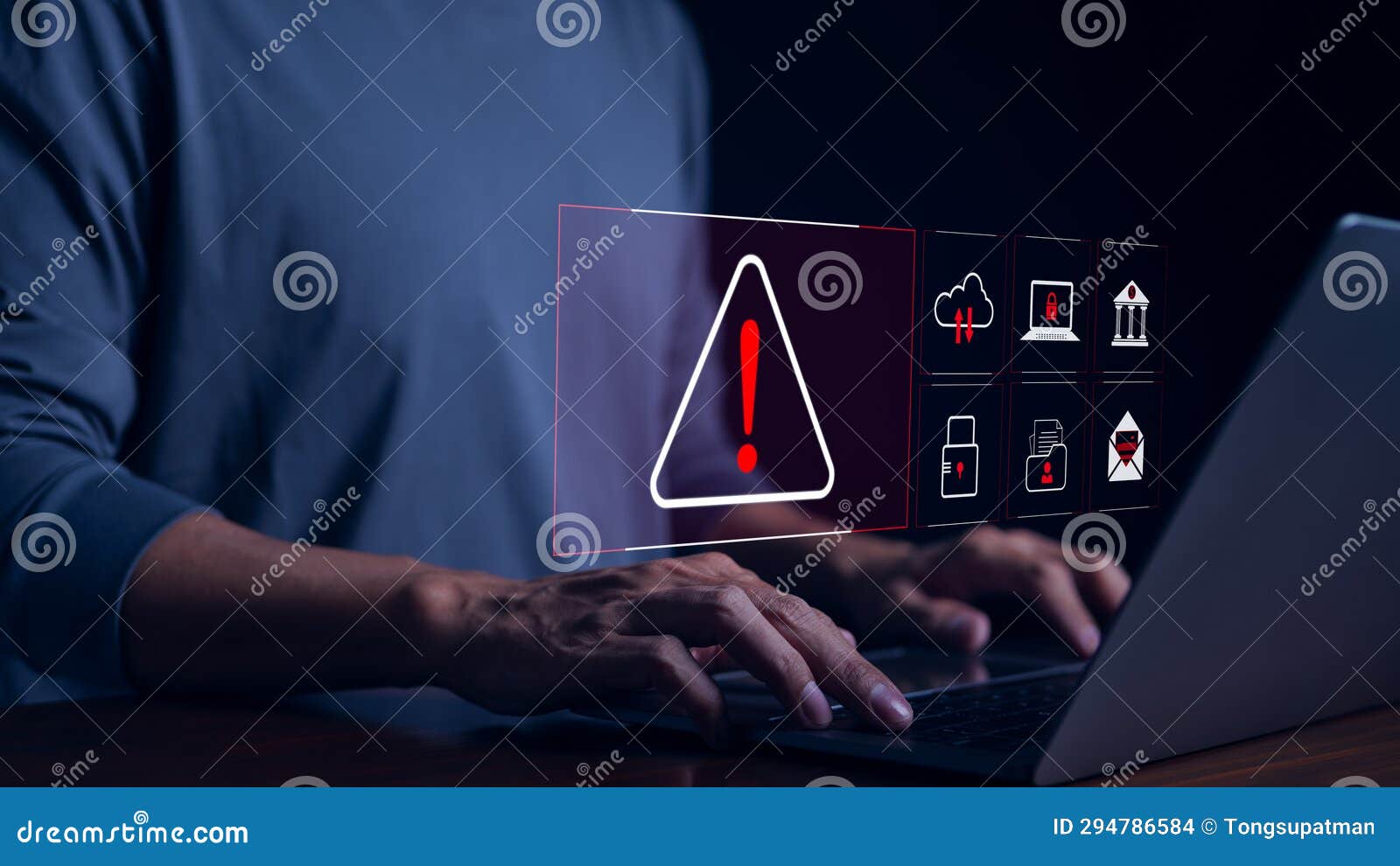 Cyber Security Warning Alert System Concept. Businessman Working on ...