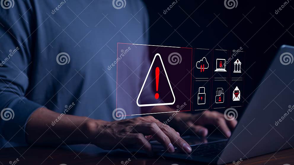 Cyber Security Warning Alert System Concept. Businessman Working on ...