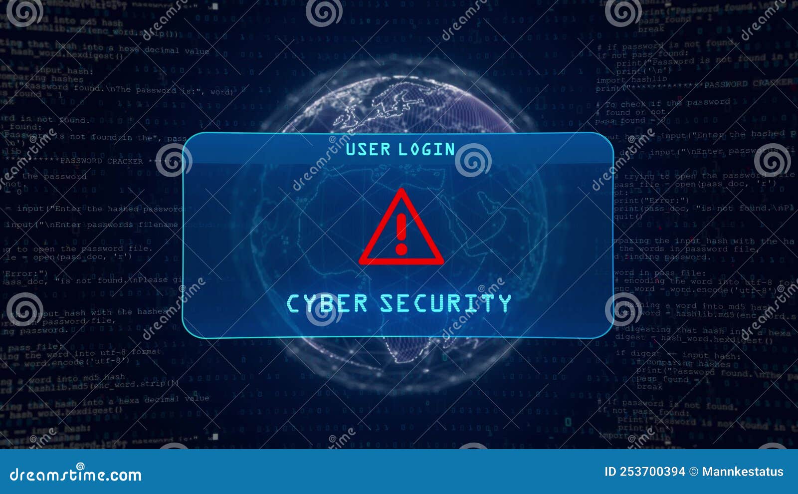 Cyber Security Warning with User Login Interface Concept Over Digital Globe and Computer Hacking ...