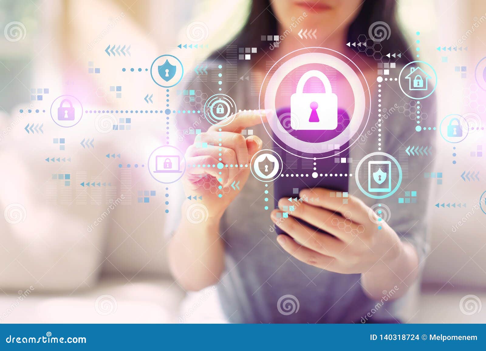 Cyber Security with Woman Using a Smartphone Stock Photo - Image of ...