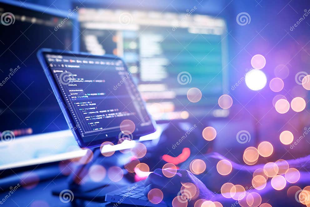 Cyber Space Concept. Programming Code on Computer Screen , Abstract Screen of Software Developer ...