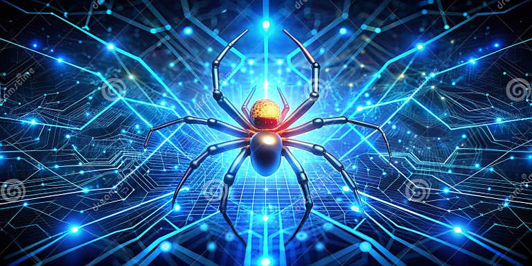 Cyber Spider Web - 3D Rendering of a Spider Crawling on a Digital ...