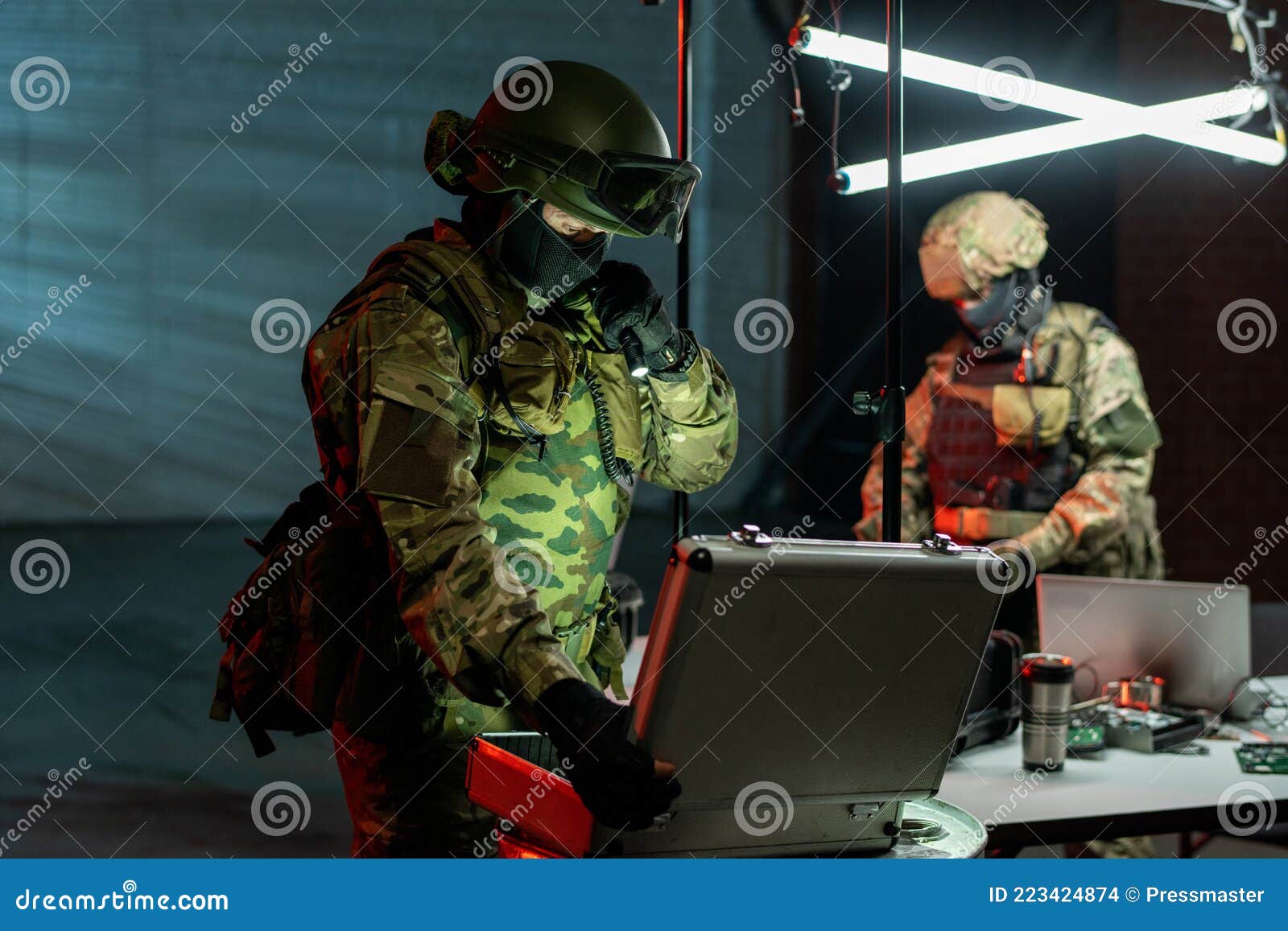 Cyber Terrorist in Camouflage Attire Looking for Information Stock ...
