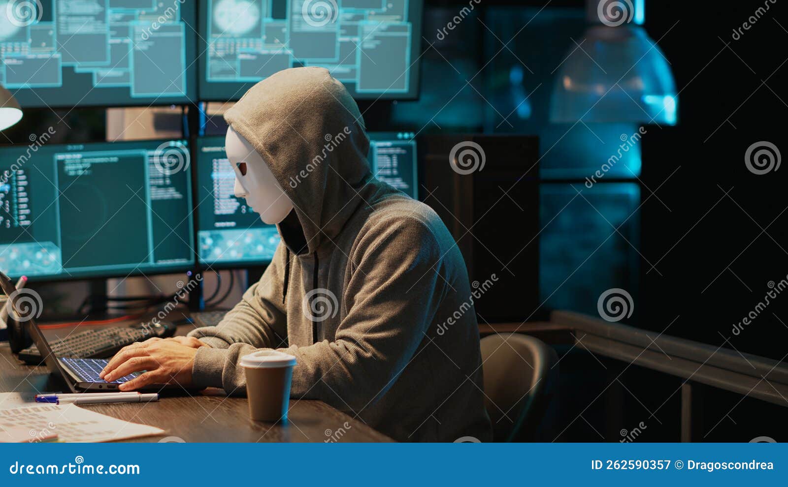 Hacker With A Hood And Blue Binary Code Matrix. Hacking Confidential ...