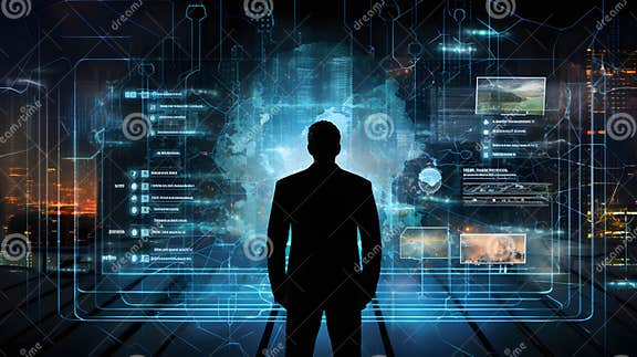 A Silhouette of a Person Standing in Front of a Giant Digital Screen with a Flow of Data Showing ...