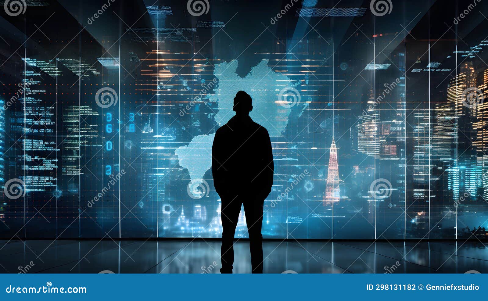 A Silhouette of a Person Standing in Front of a Giant Digital Screen ...