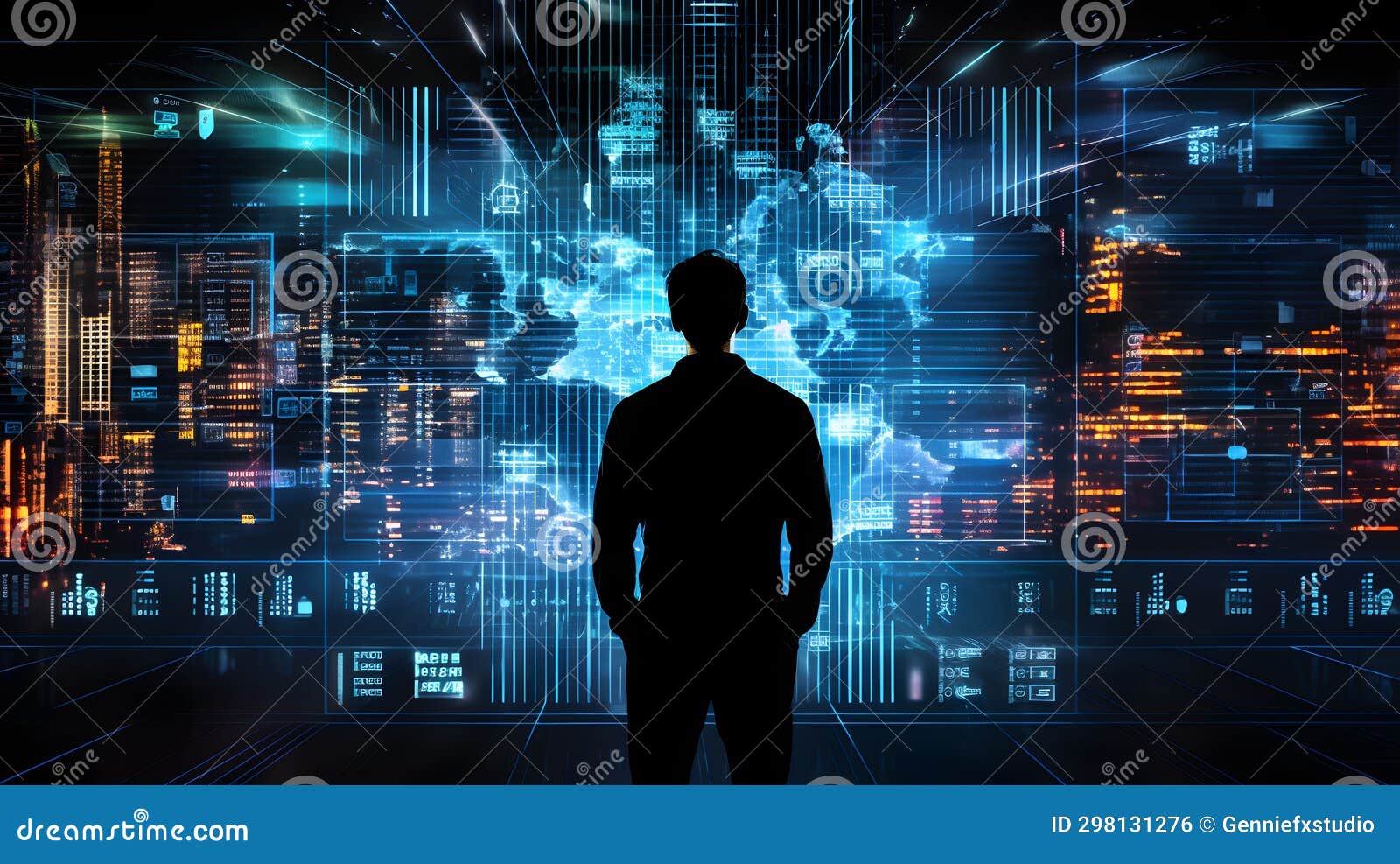 A Silhouette of a Person Standing in Front of a Giant Digital Screen ...