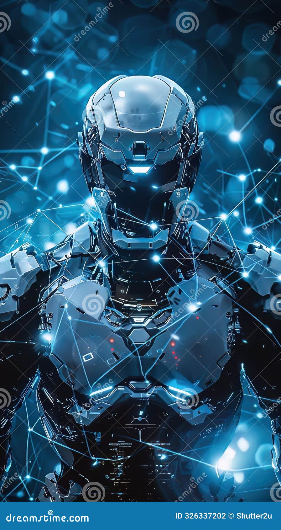 A Cyber Warrior in Full Digital Armor Standing Guard Over a Network ...