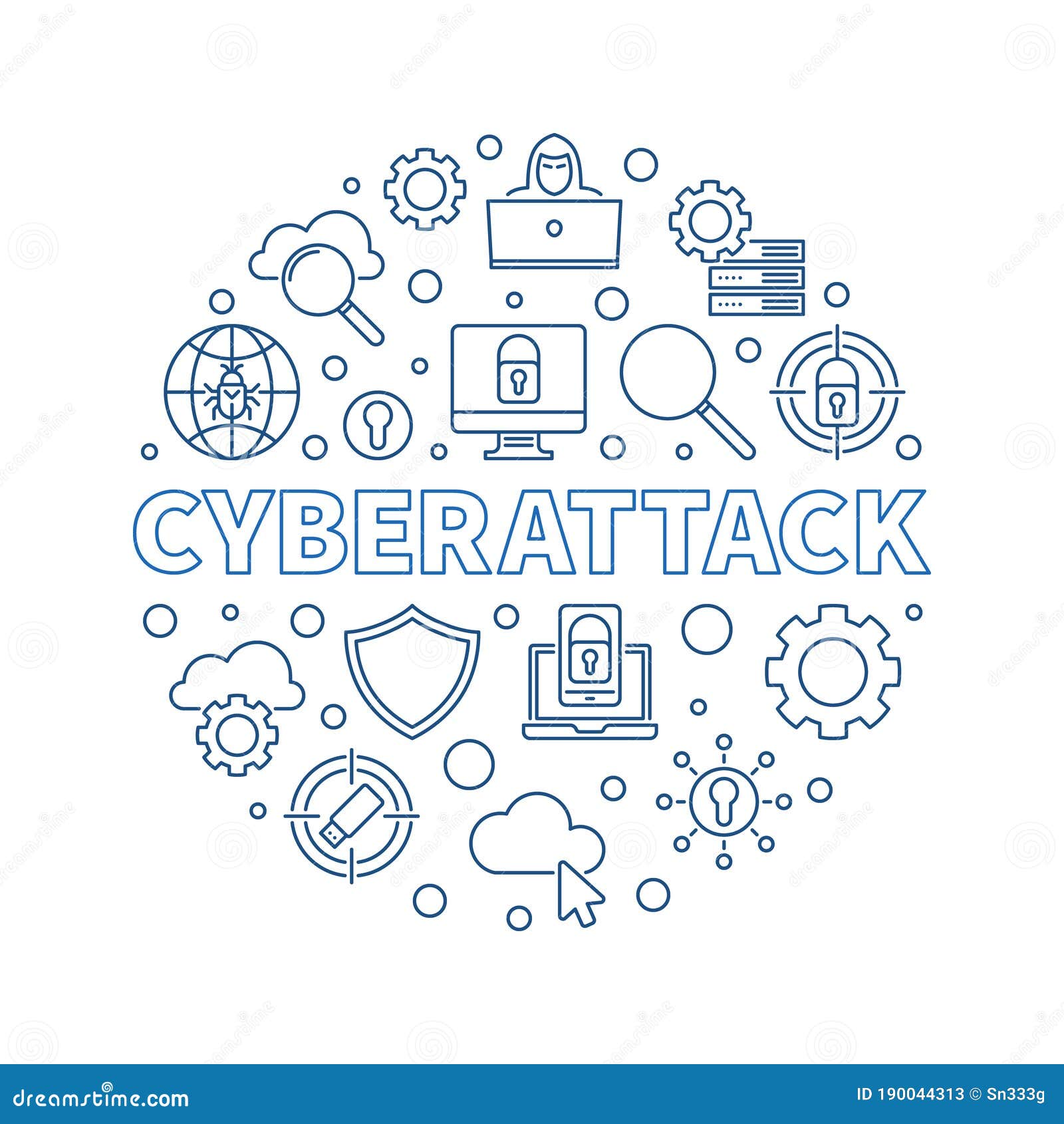 Cyberattack Vector Round Concept Outline Blue Illustration Stock Vector ...