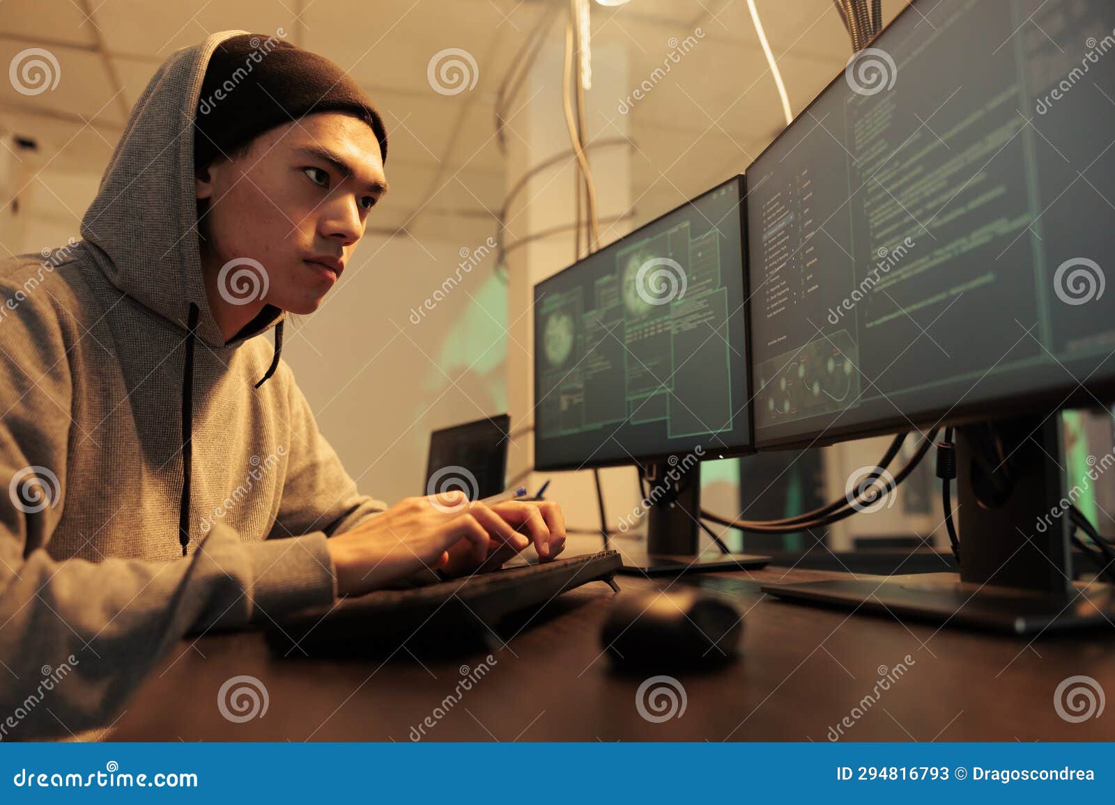 Cybercrime Computer Fraud Man Hacking System Coding Malware Stock