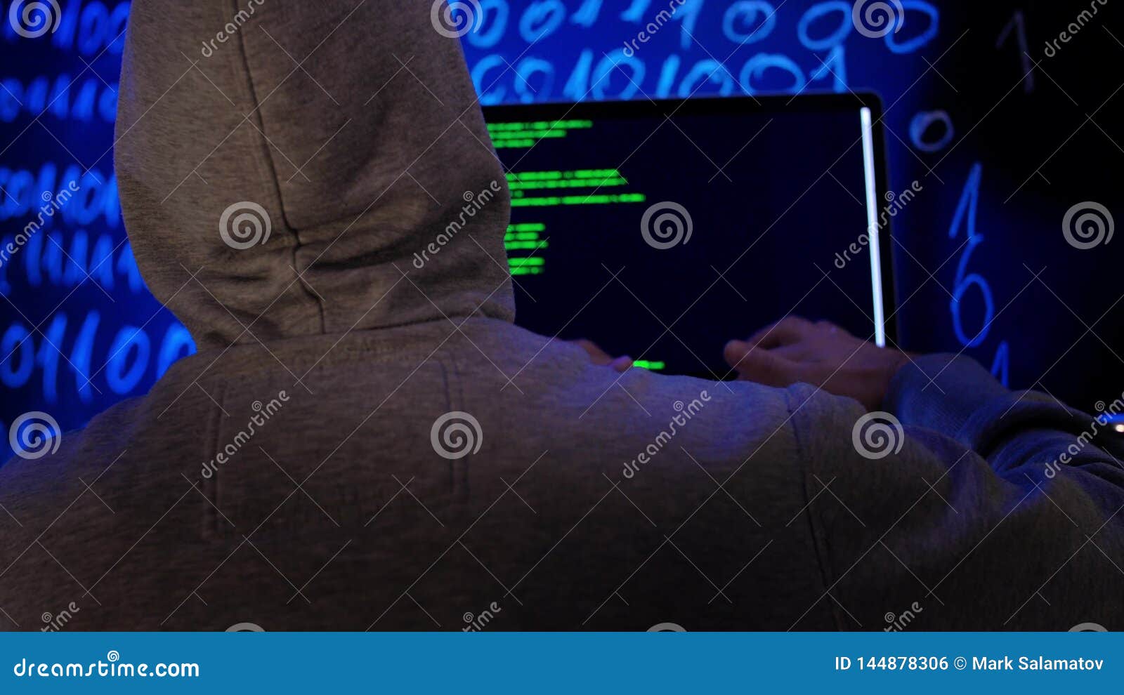 Cybercrime Hacking Technology Concept. Hacker in Dark Room Writing Programming Code or Using ...