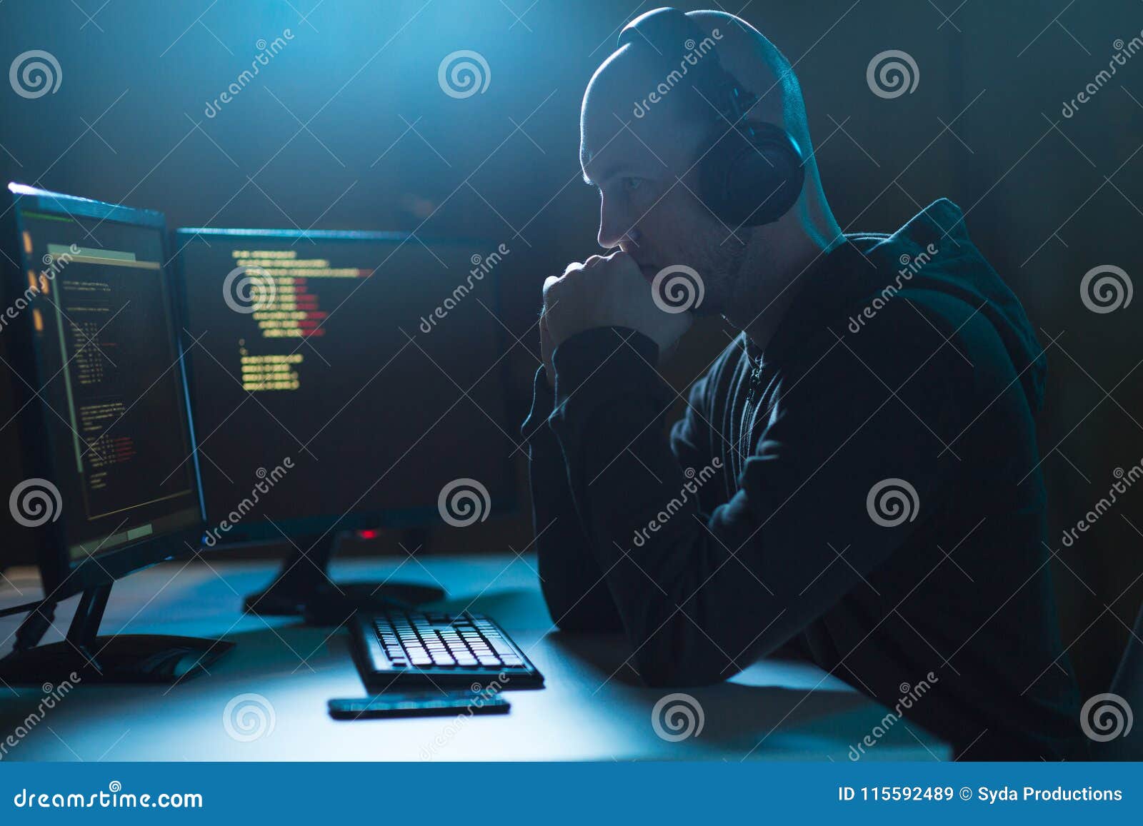 Hacker with Coding on Laptop Computer in Dark Room Stock Image - Image ...