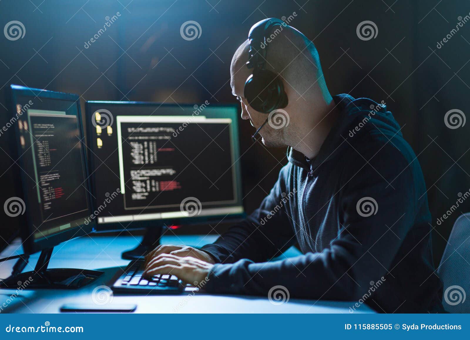 Hacker with Coding on Laptop Computer in Dark Room Stock Image - Image ...