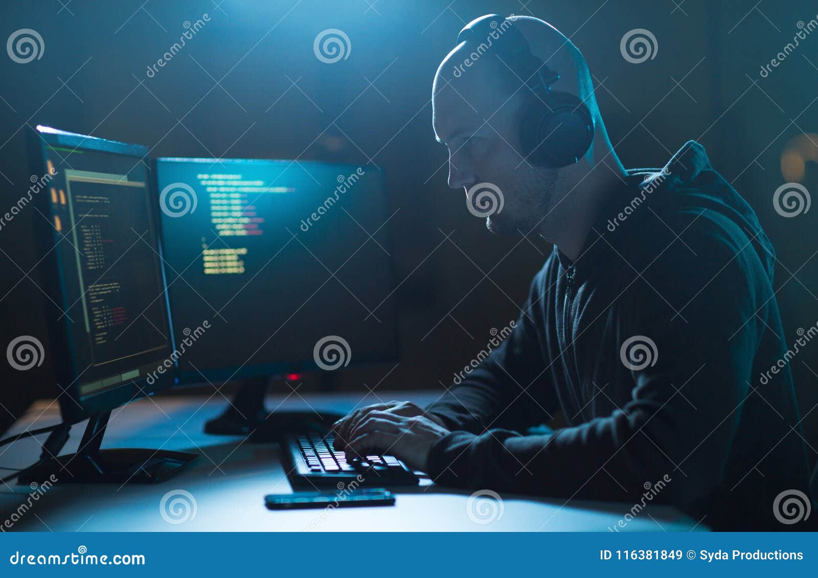 Hacker with Coding on Laptop Computer in Dark Room Stock Image - Image ...