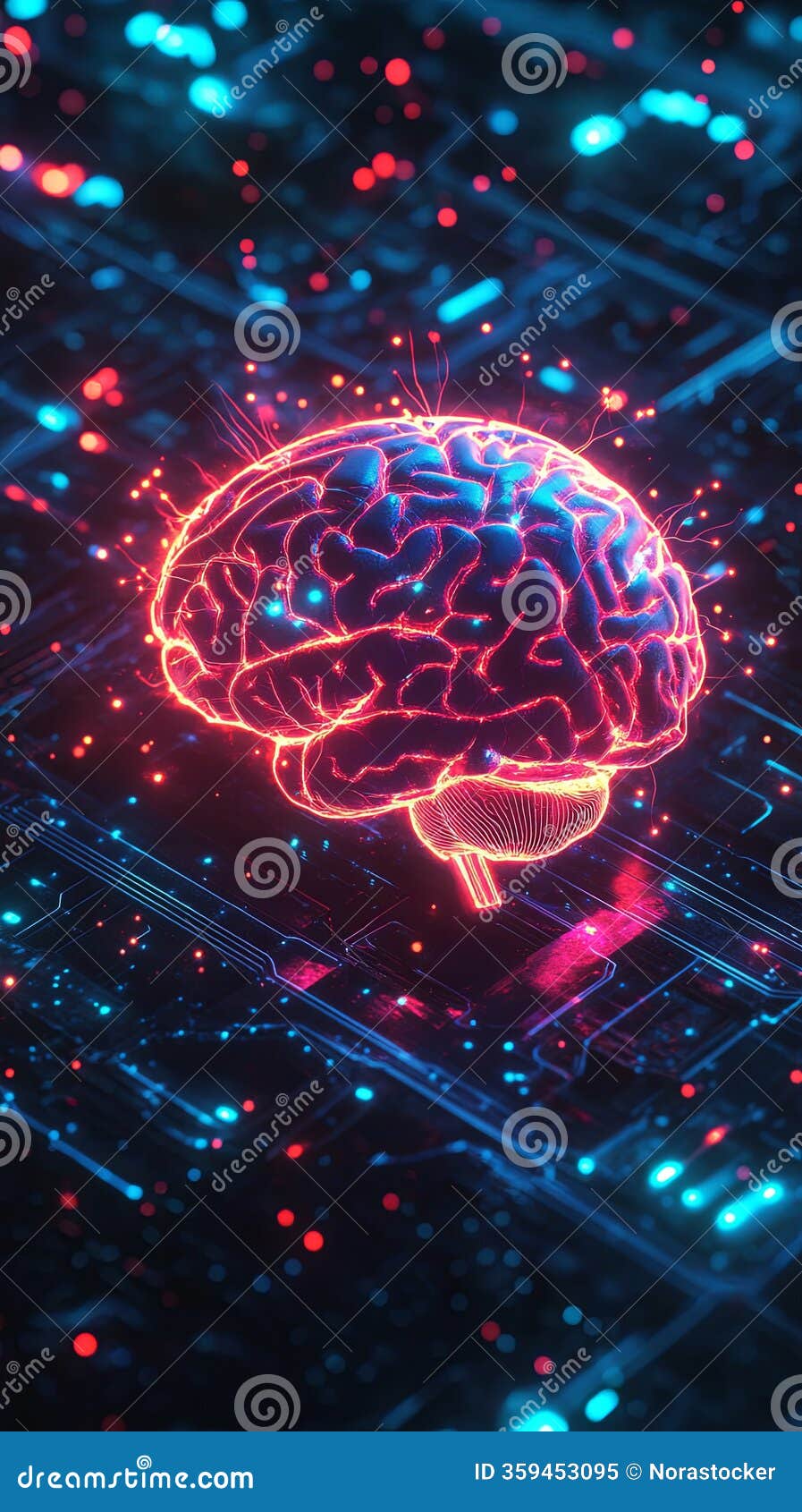 Cybernetic Brain with Neon Pathways and Digital Sparks. Stock ...