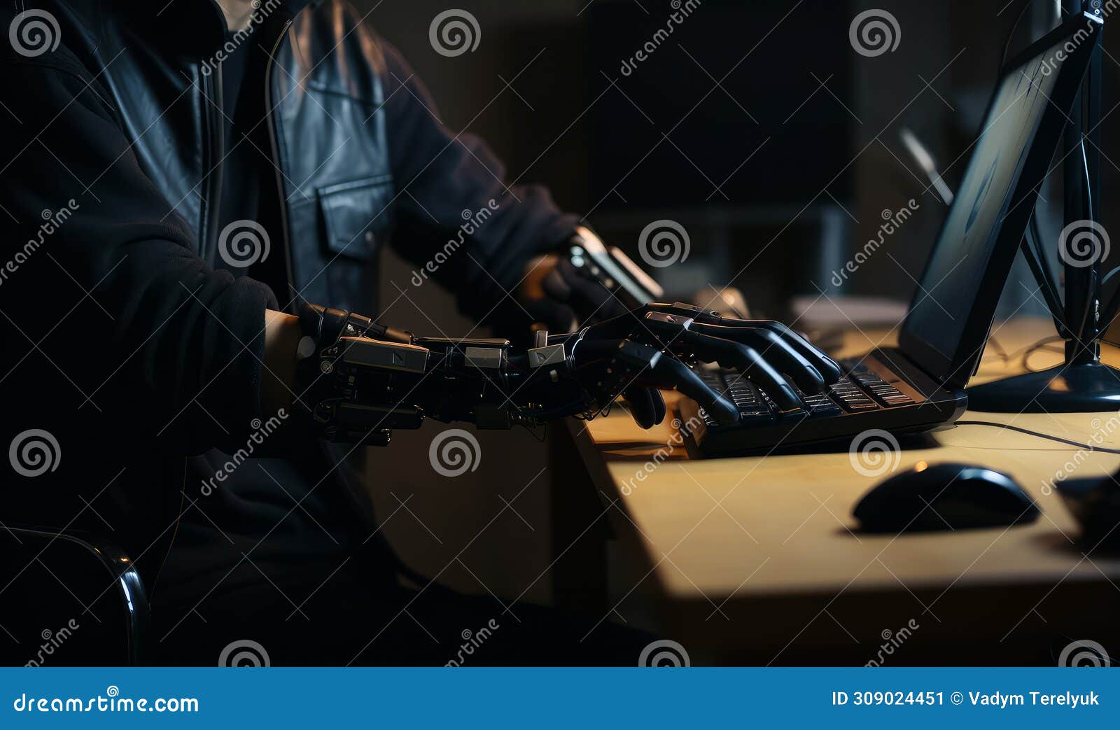 Cybernetic Cyborg Typing on Computer in Dark Office Stock Illustration ...