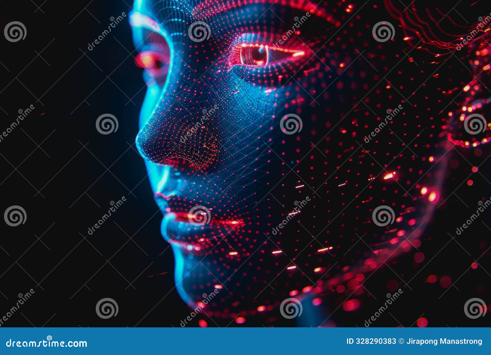 Cybernetic Digital Face with Neon Blue and Red Lights, Data Streams ...