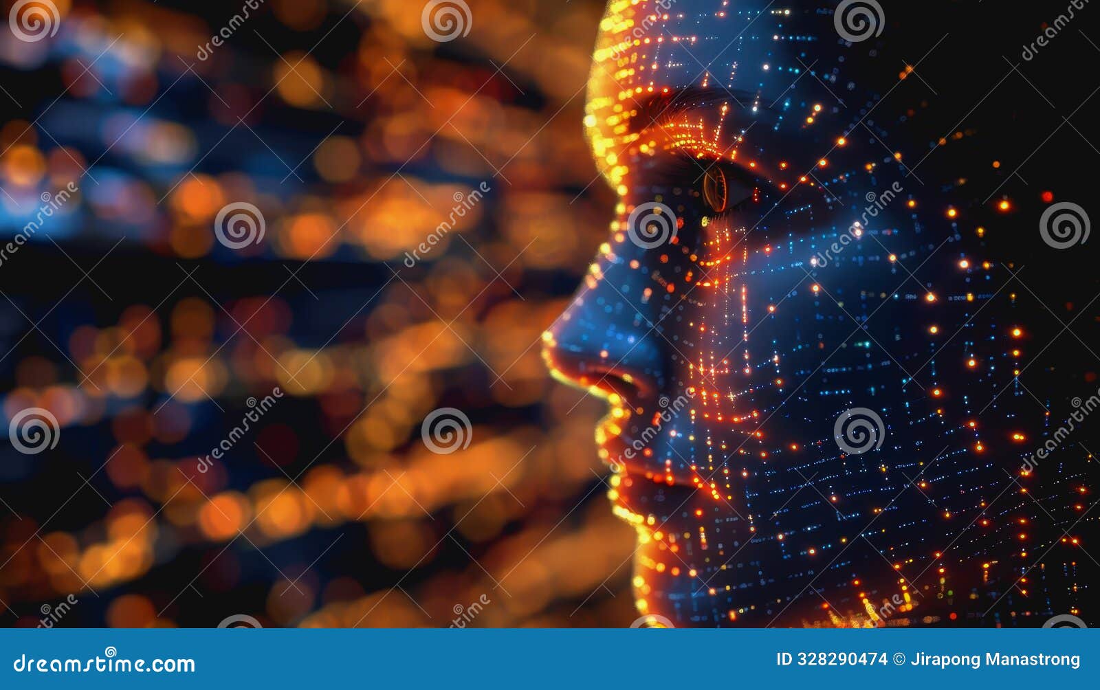 Cybernetic Digital Face with Neon Blue and Red Lights, Data Streams ...