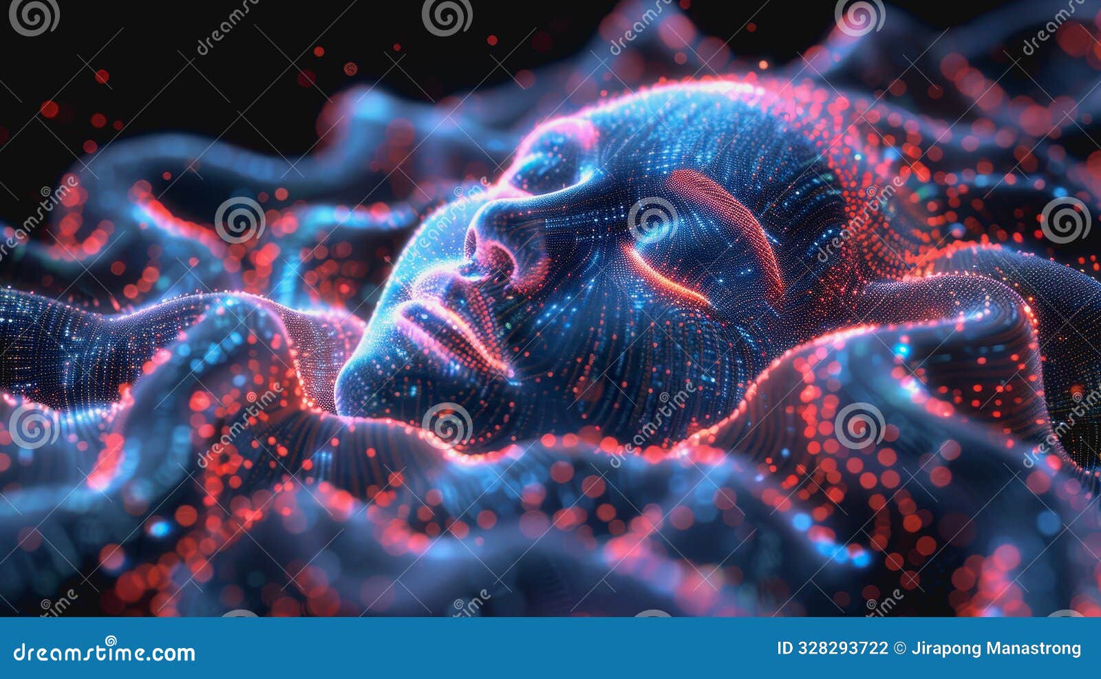Cybernetic Digital Face with Neon Blue and Red Lights, Data Streams ...