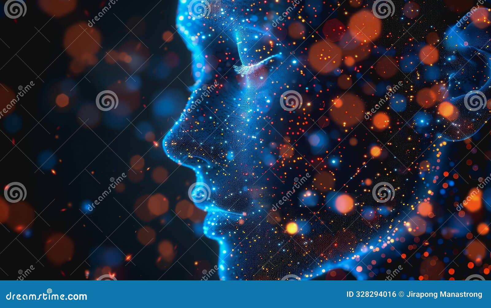 Cybernetic Digital Face with Neon Blue and Red Lights, Data Streams ...