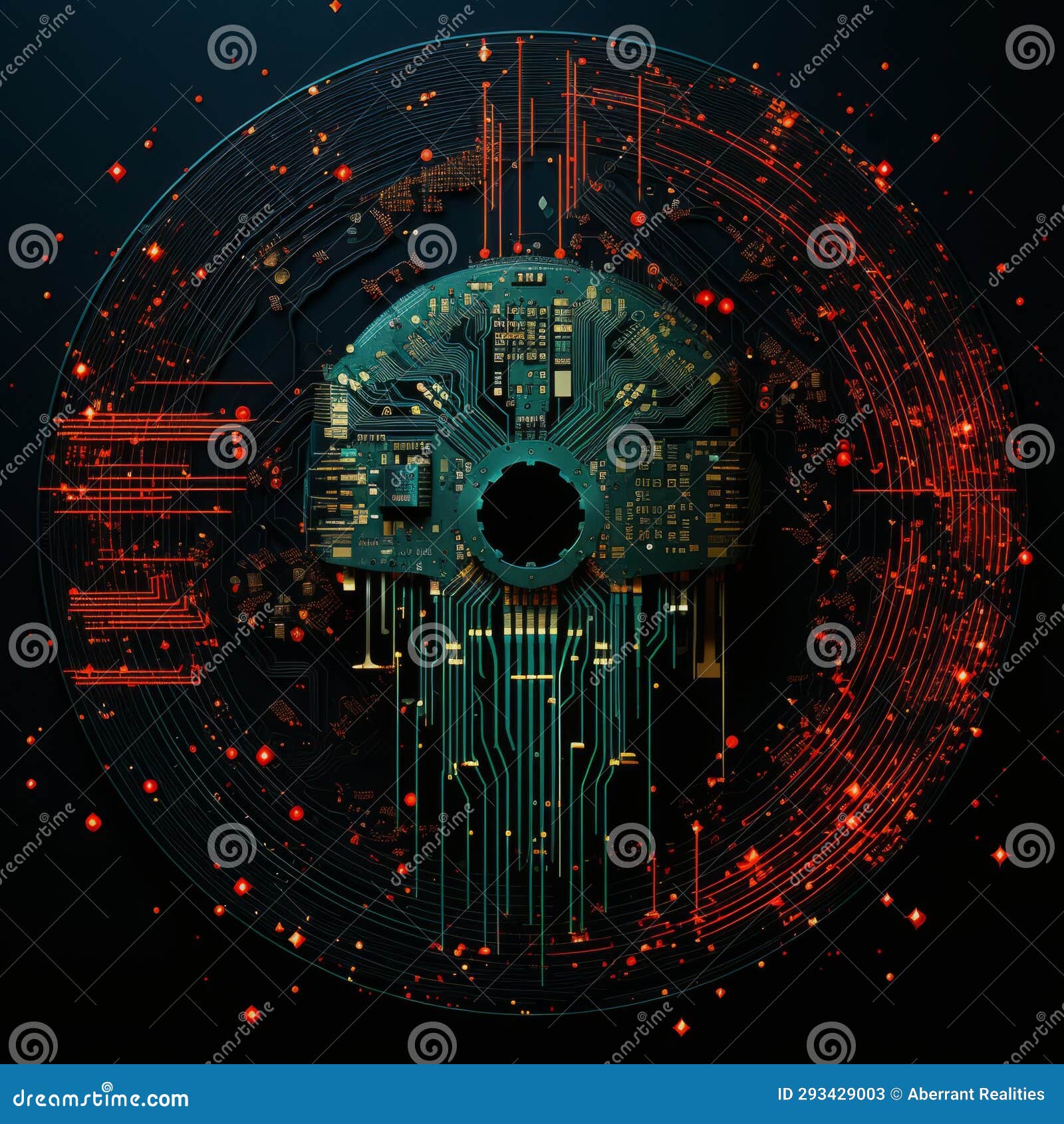 Cybernetic Eye on a Black Background with Red Dots Stock Illustration ...