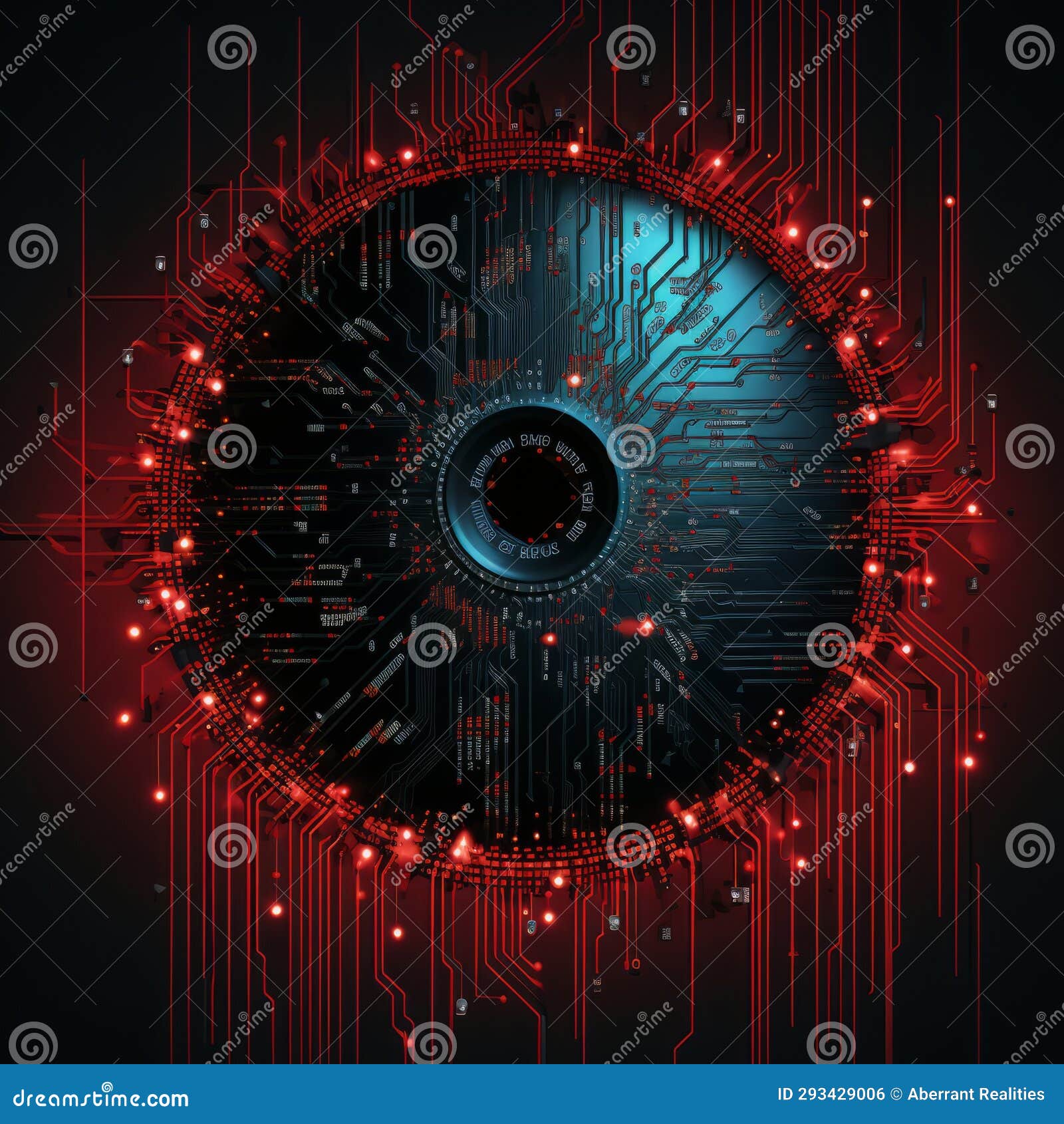 Cybernetic Eye on Black Background with Red Lights Stock Illustration ...