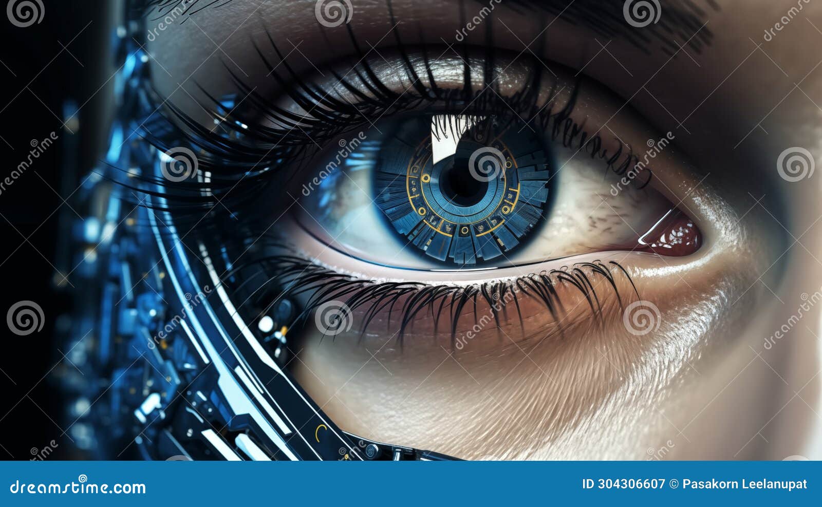 A Close-up of a Woman S Cybernetic Eye, Framed by Lab Tecnology Stock ...