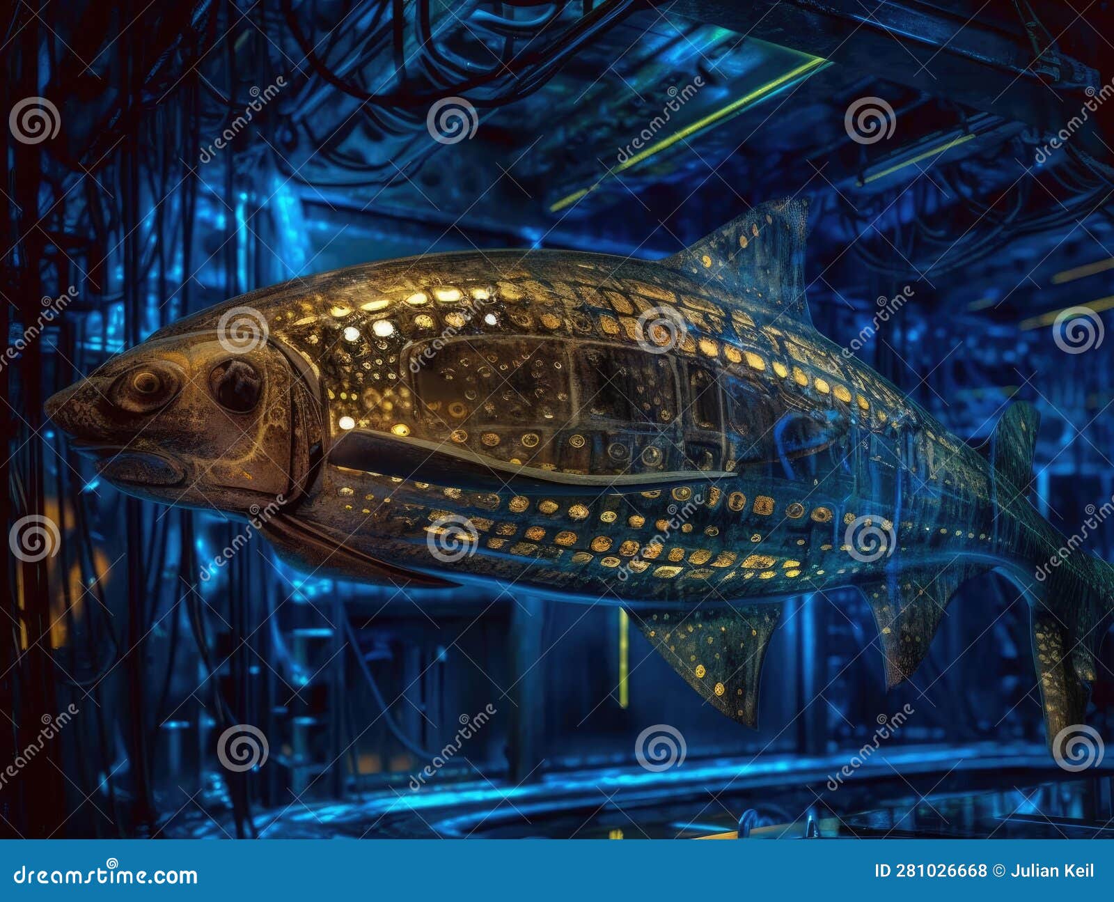 Cyberfish Swims in Hightech Tank Stock Illustration - Illustration of ...