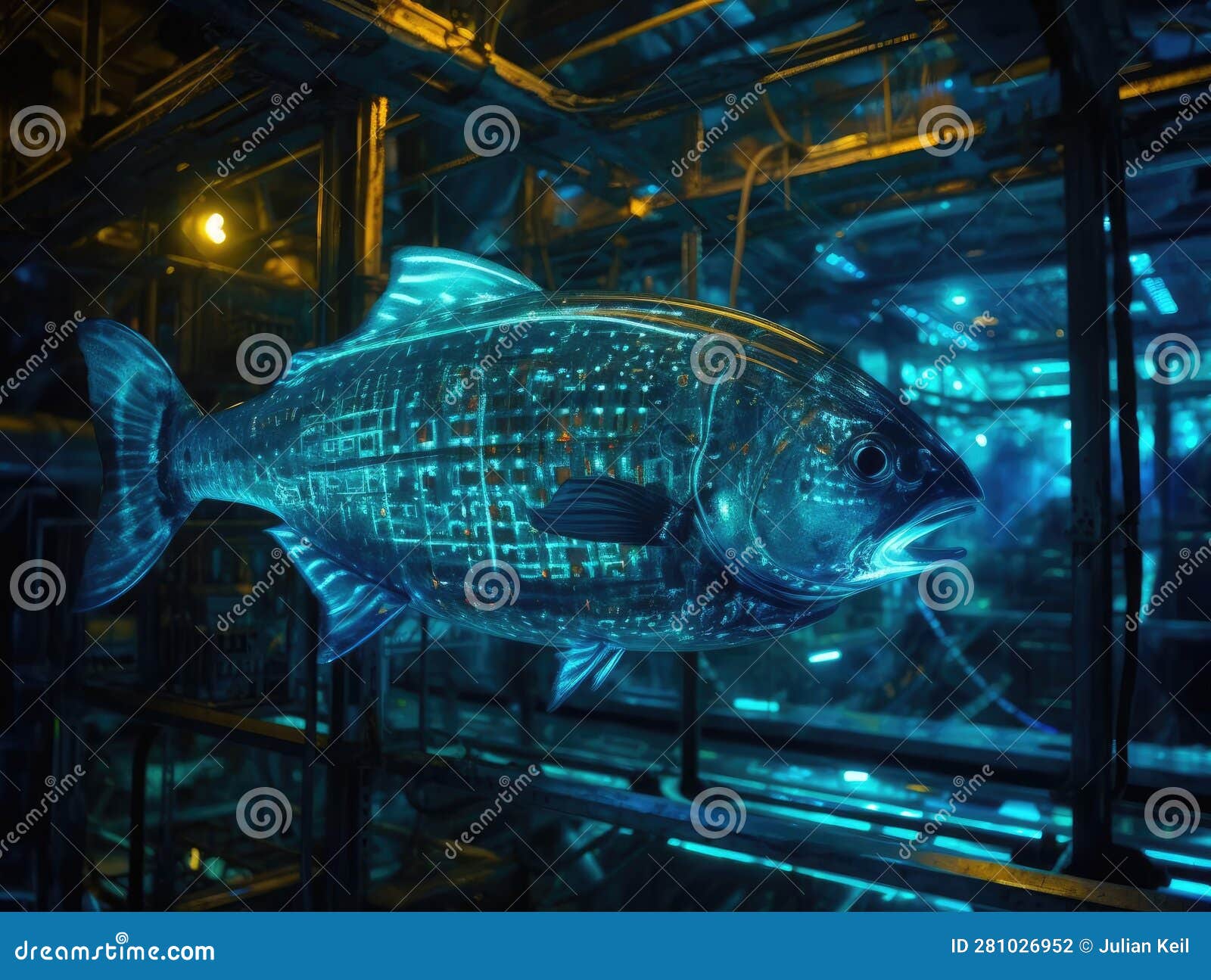 Cyberfish Swims in Hightech Tank Stock Illustration - Illustration of ...