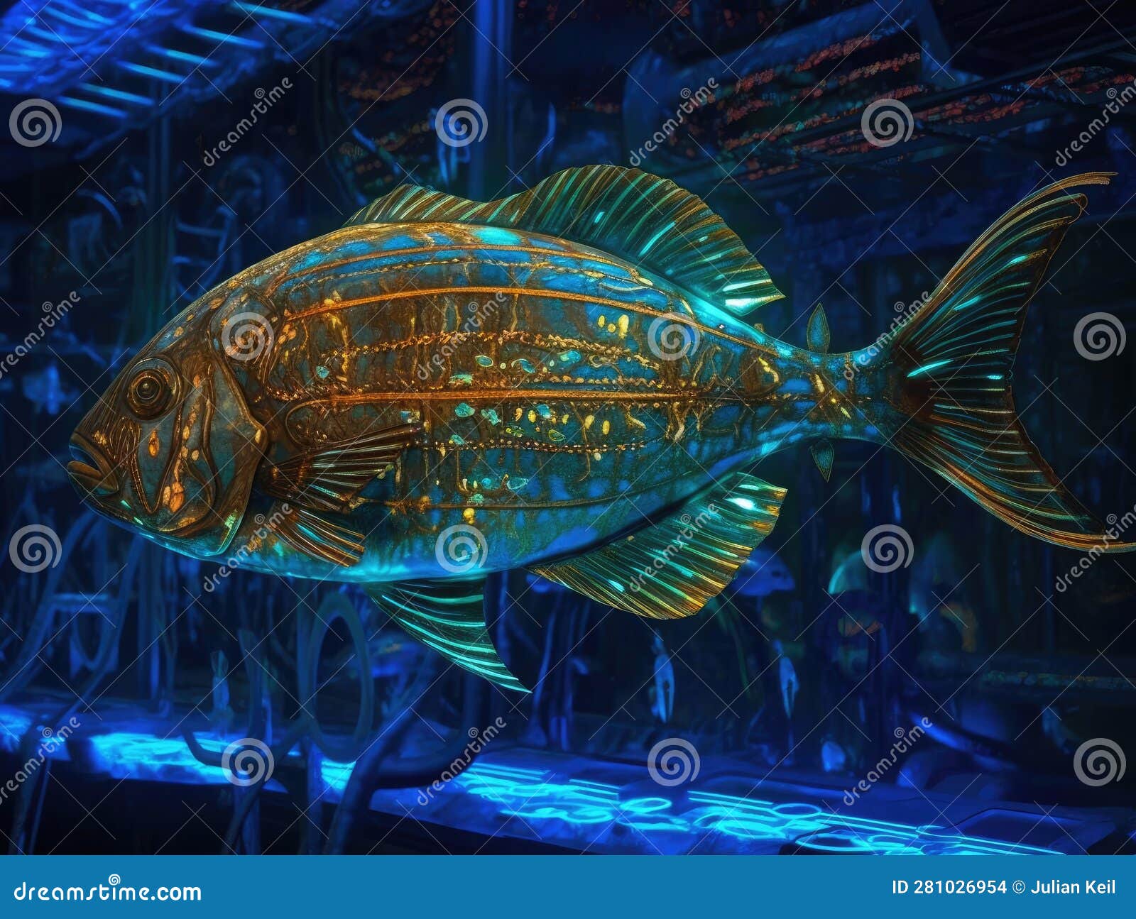 Cyberfish Swims in Hightech Tank Stock Illustration - Illustration of ...