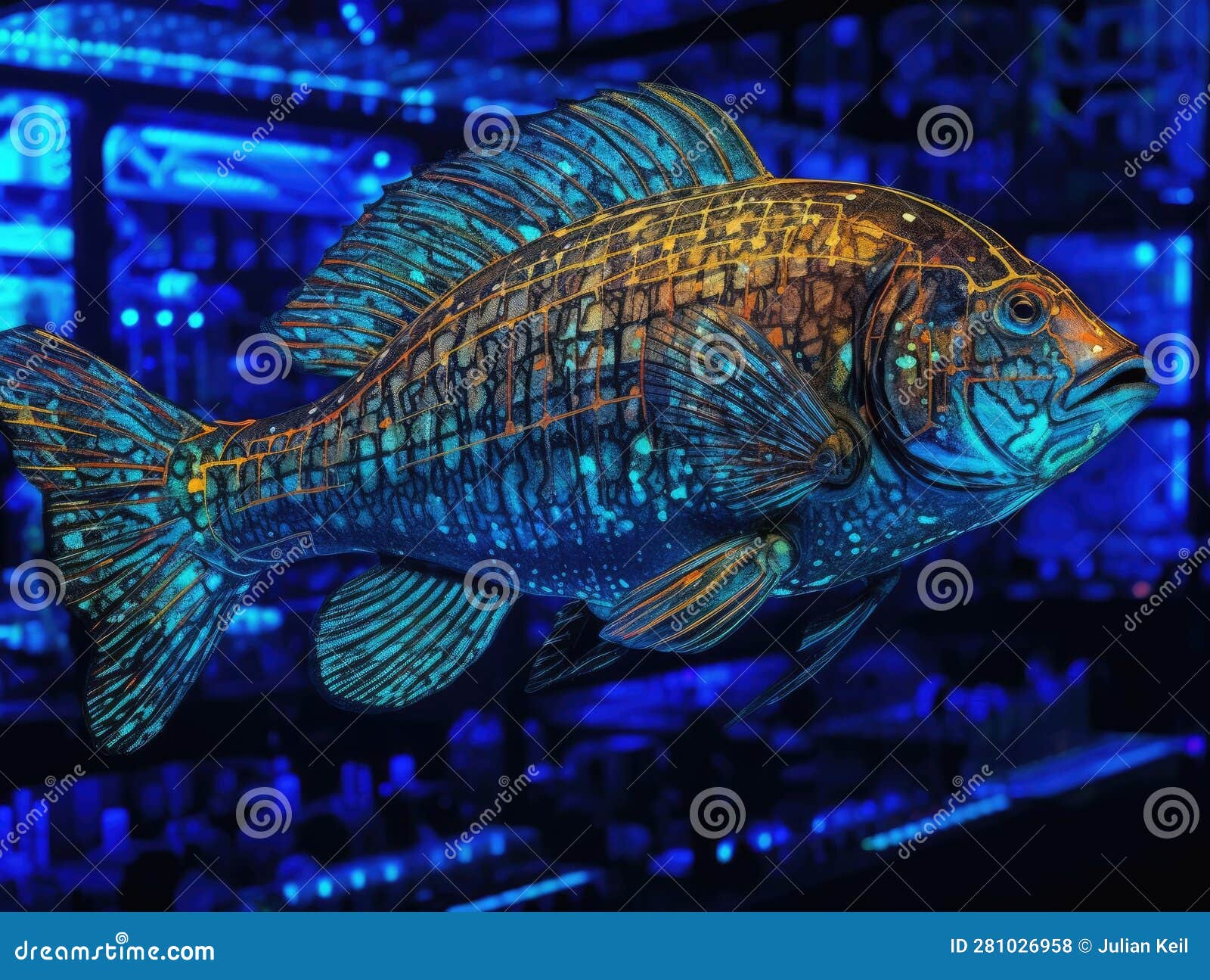 Cyberfish Swims in Hightech Tank Stock Illustration - Illustration of ...
