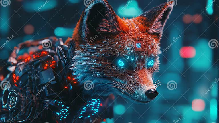 Cybernetic Fox with Glowing Circuits and Advanced Tech Features Stock ...