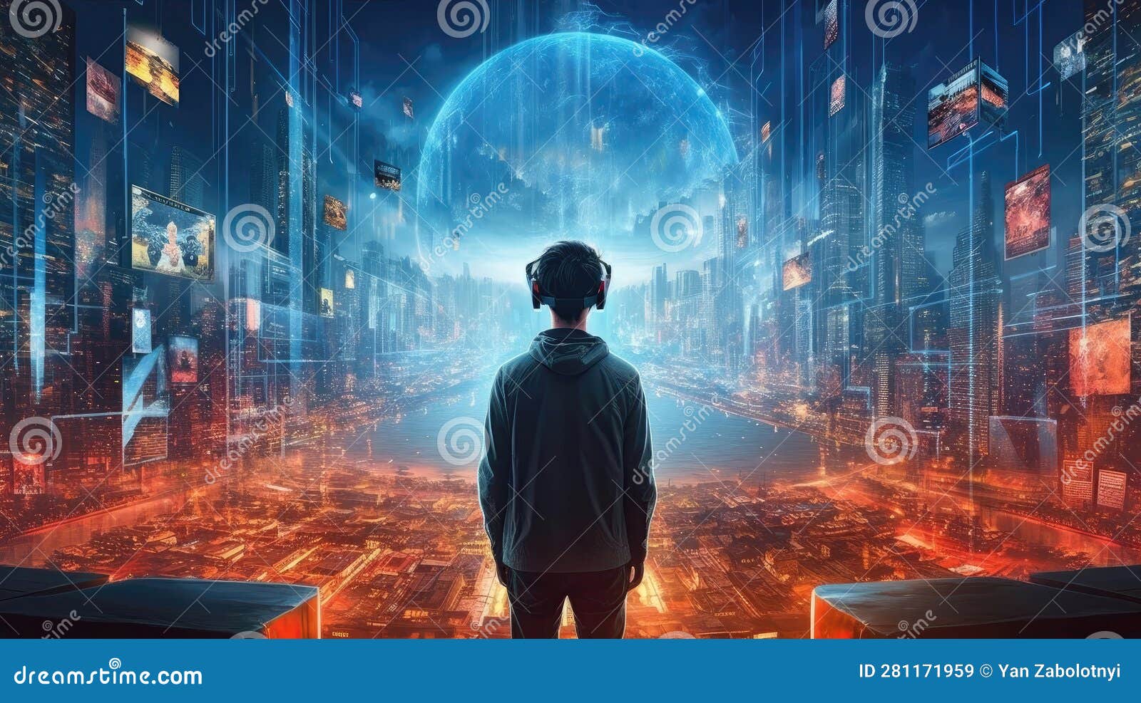 The Cybernetic Hacker is Shown Out in Front of a Virtual Reality ...