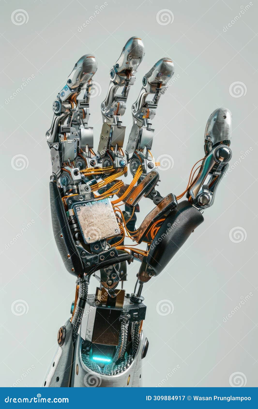 Cybernetic Hand with Tool Under Studio Spotlight White Background ...