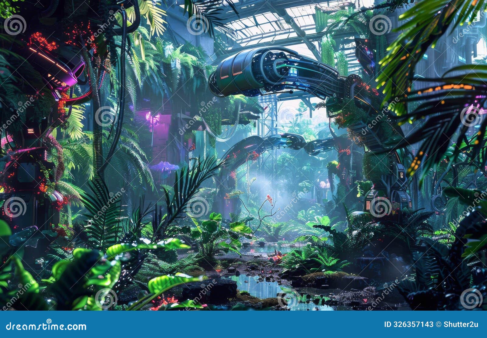 A Cybernetic Jungle with Robotic Animals and Fluorescent Plants Stock ...
