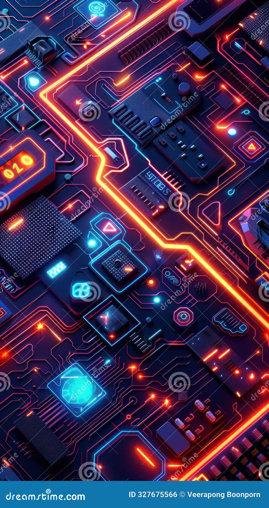 Cybernetic Patterns Blending Seamlessly with Neon Backgrounds Stock ...