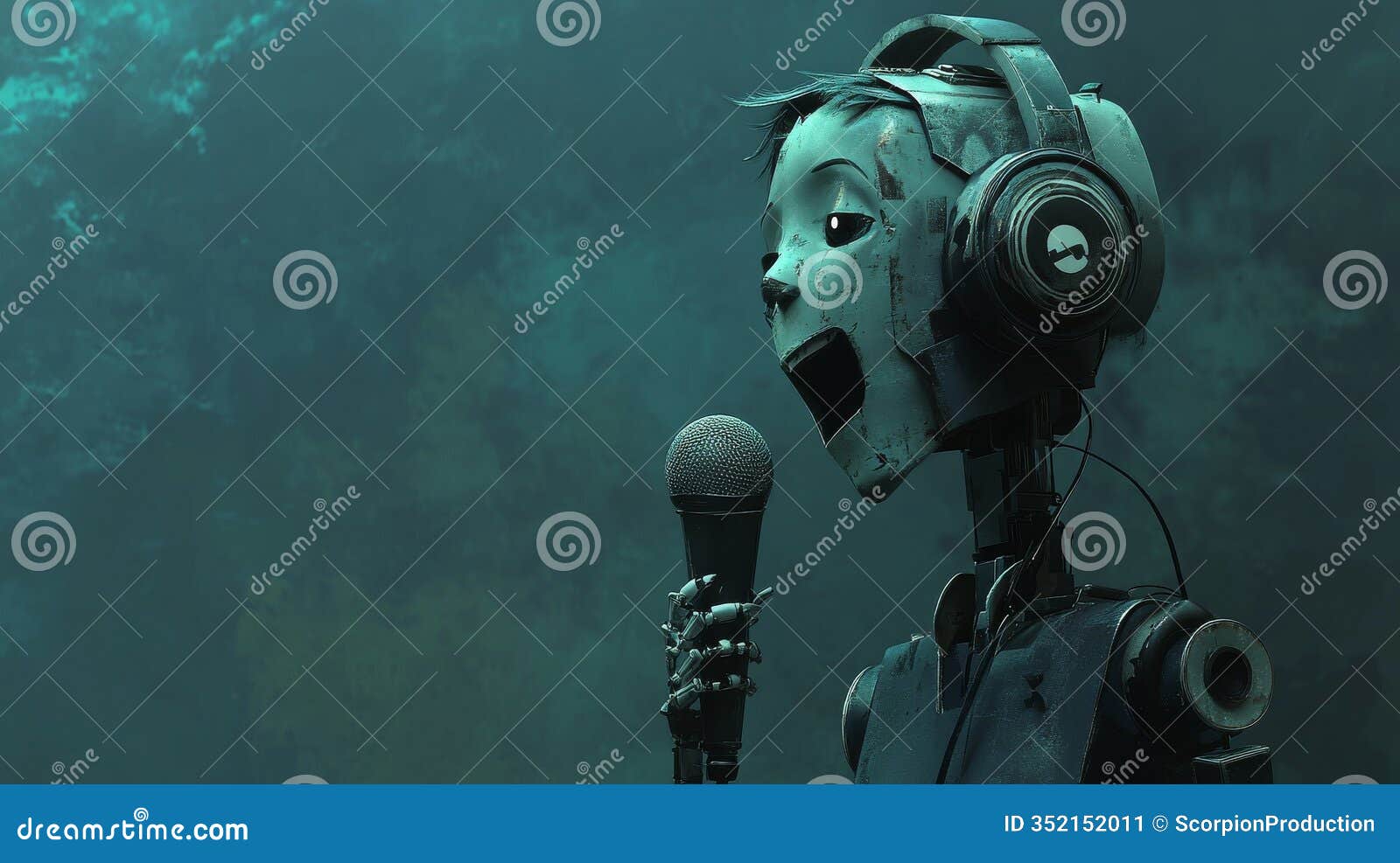 Cybernetic Singer Robot Performing with Microphone in Moody Lighting ...