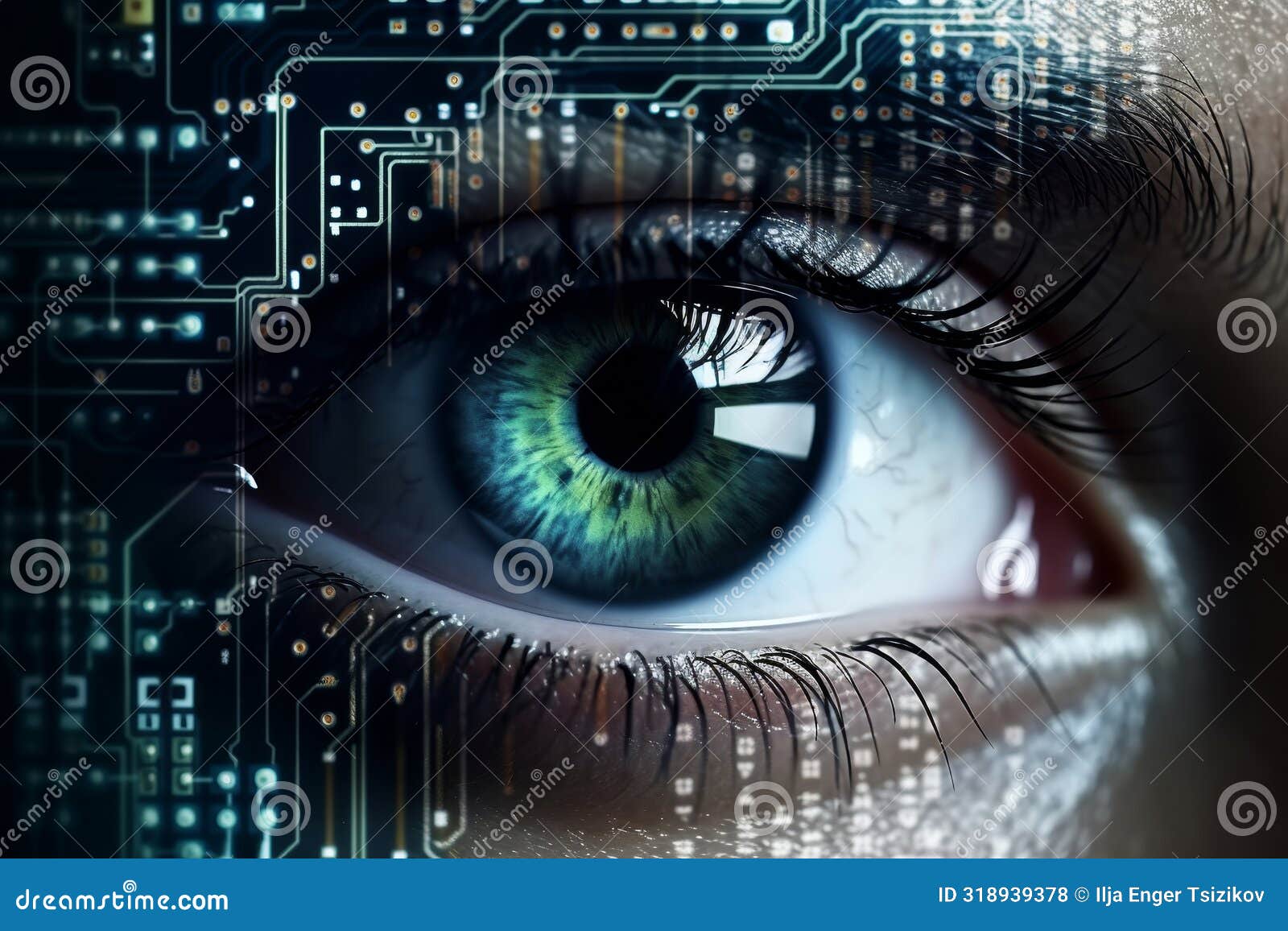 Cybernetic Vision Hacker or Ai Robot Eye in Dark Tech Environment on ...