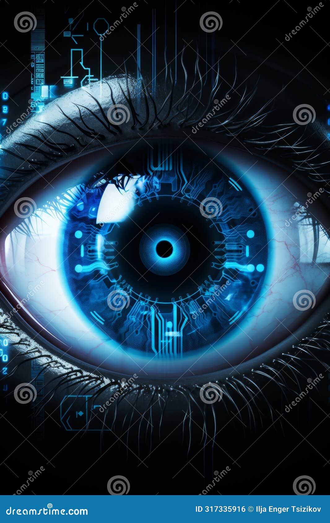 Cybernetic Vision Hacker or Ai Robot Eye in Dark Tech Space, Close Up ...