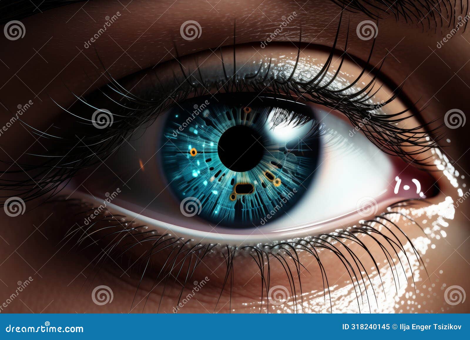 Cybernetic Vision Hacker or Ai Robot Eye in Dark Tech Space, Close Up ...