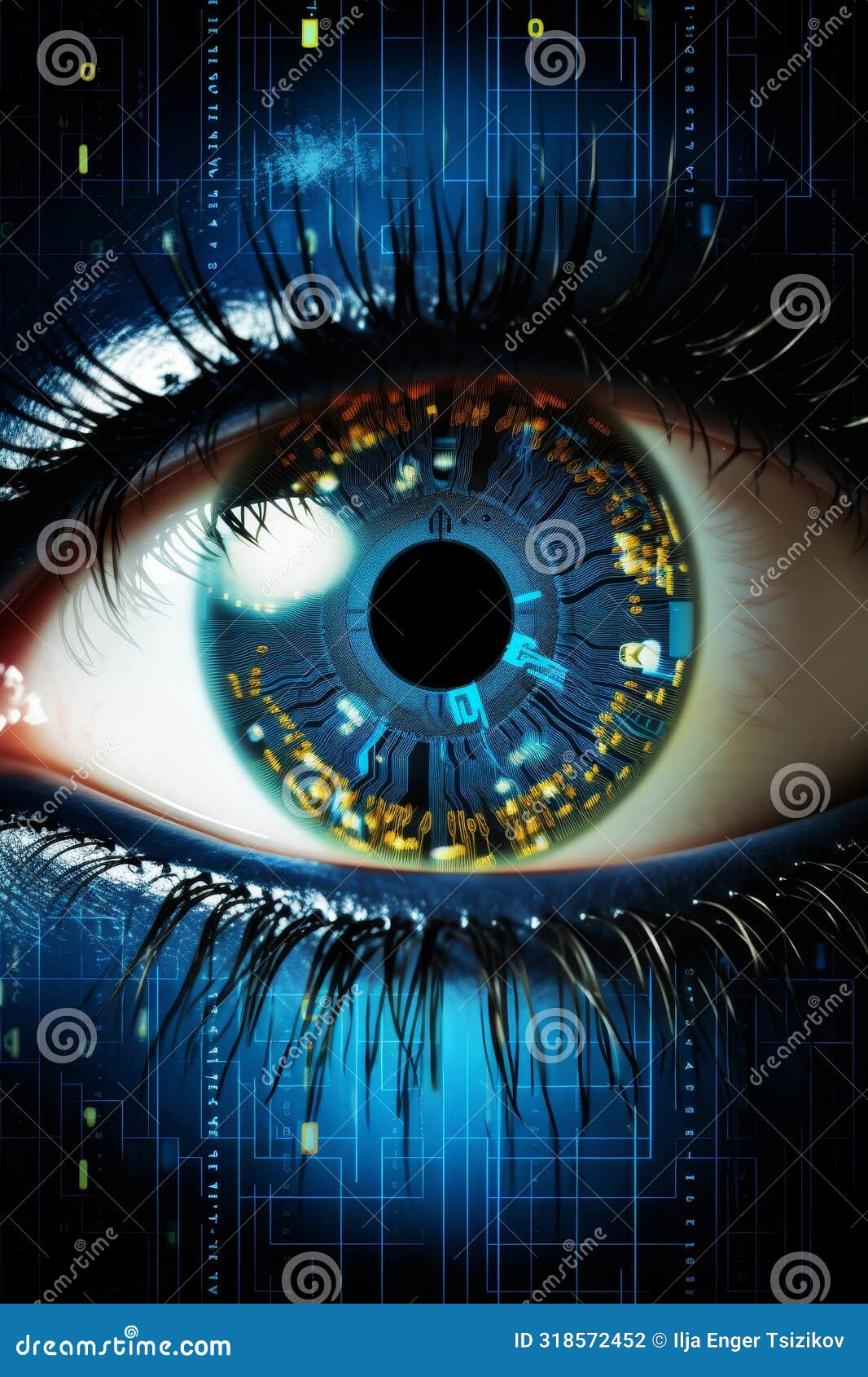 Cybernetic Vision Hacker or Ai Robot Eye in Dark Tech Space on Digital ...