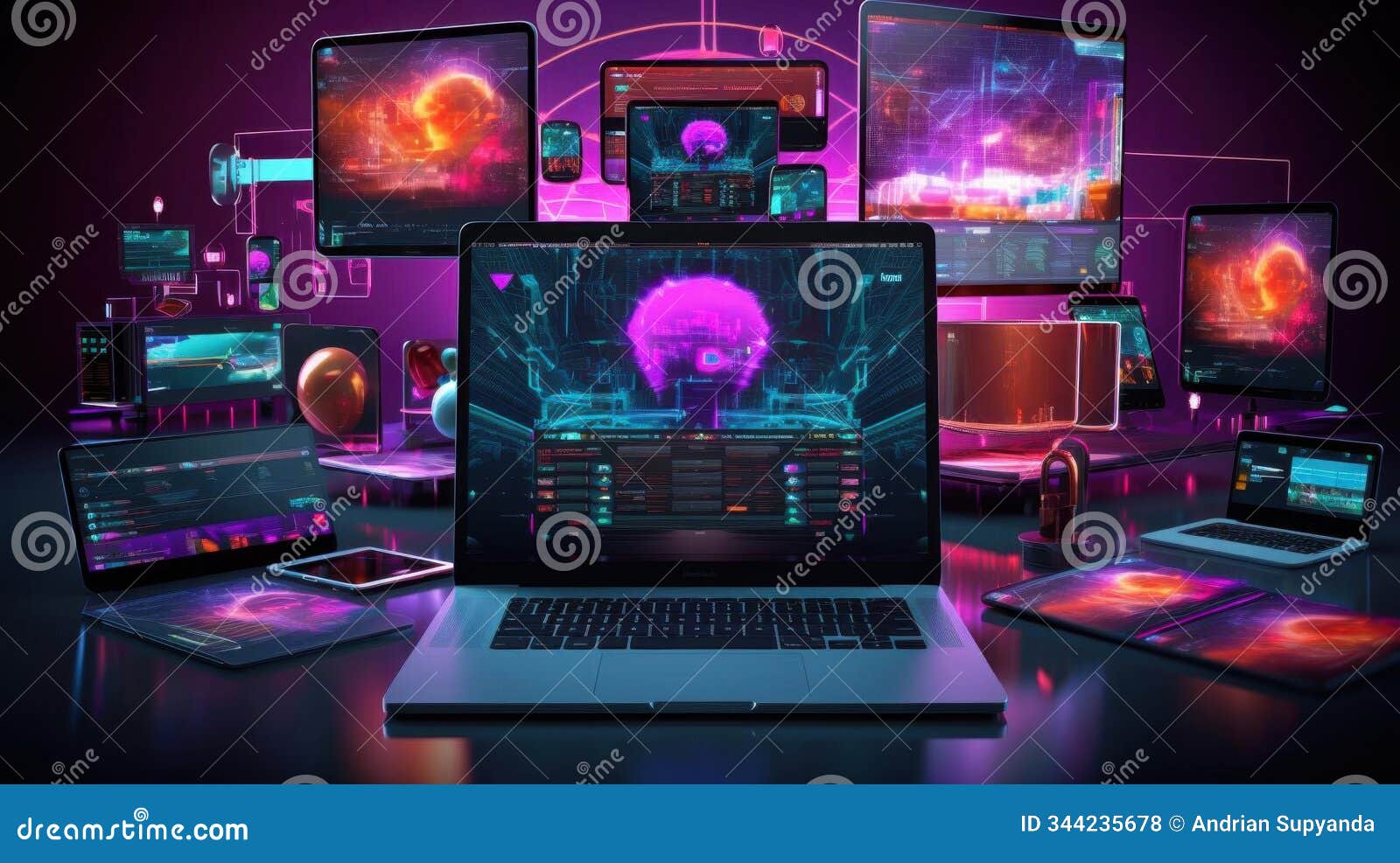 Cyberpunk Aesthetic, Futuristic Screens And Interfaces Stock Photo ...