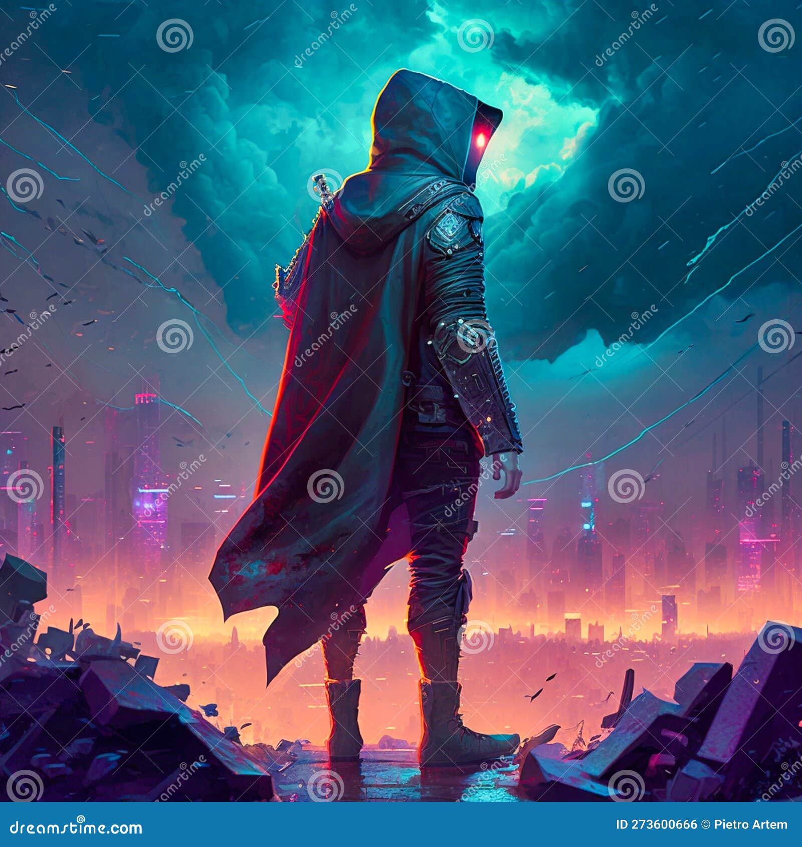 A Cyberpunk Assassin a Large Clouded Sky Descends, Generative AI Stock ...