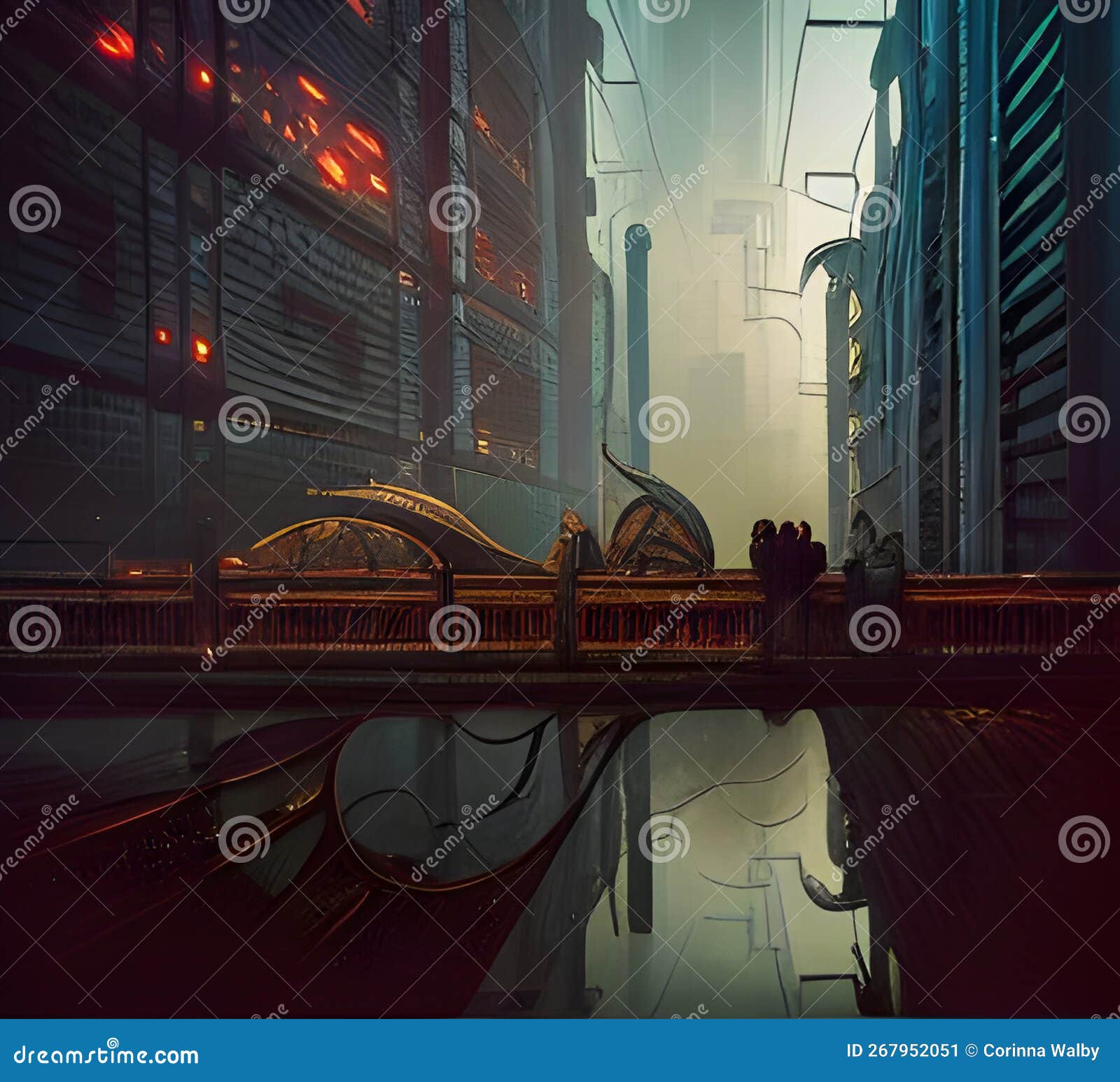 Cyberpunk Bridge Square stock illustration. Illustration of digital ...