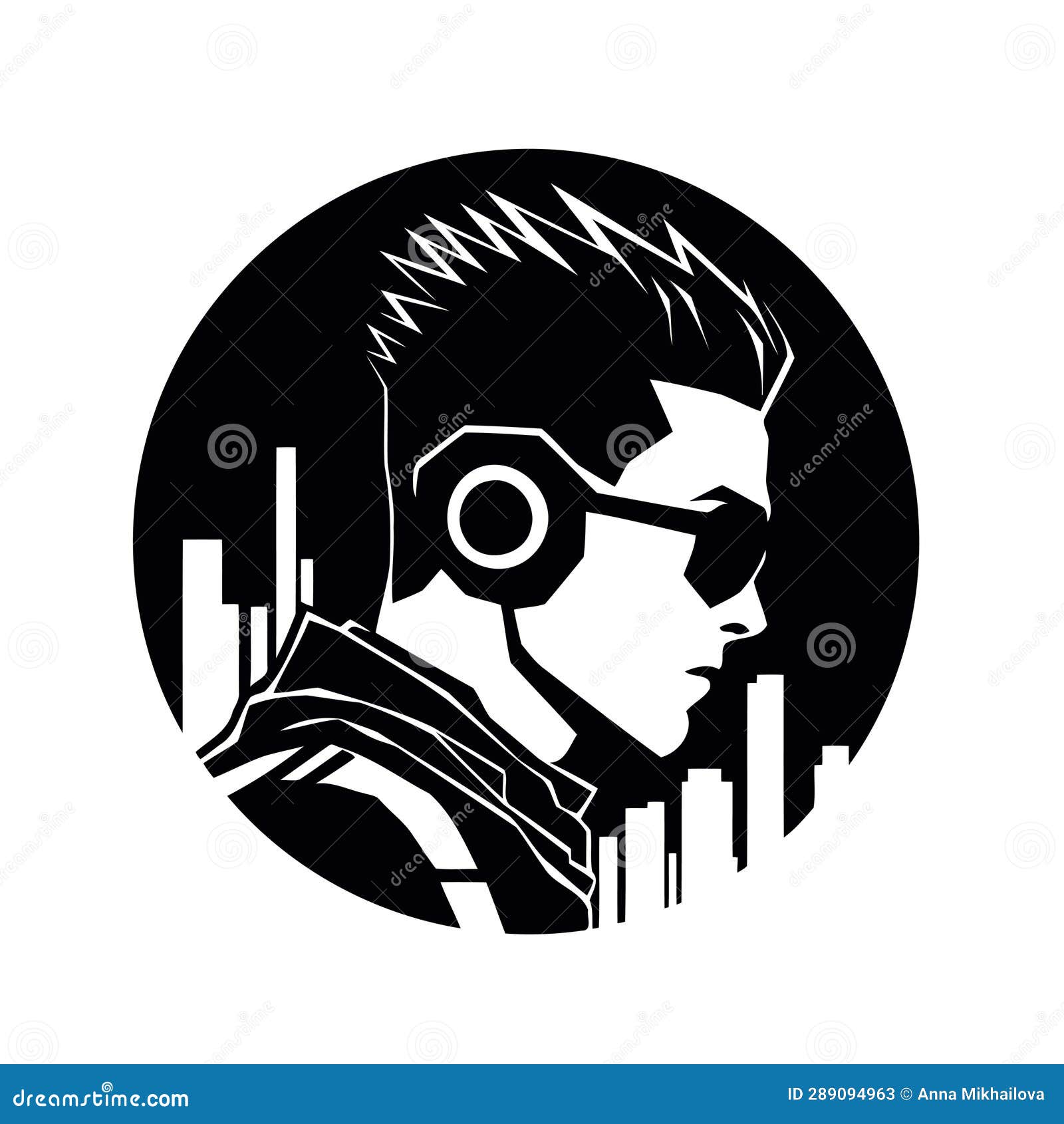 Cyberpunk Character Icon in Black and White Colors Stock Illustration ...