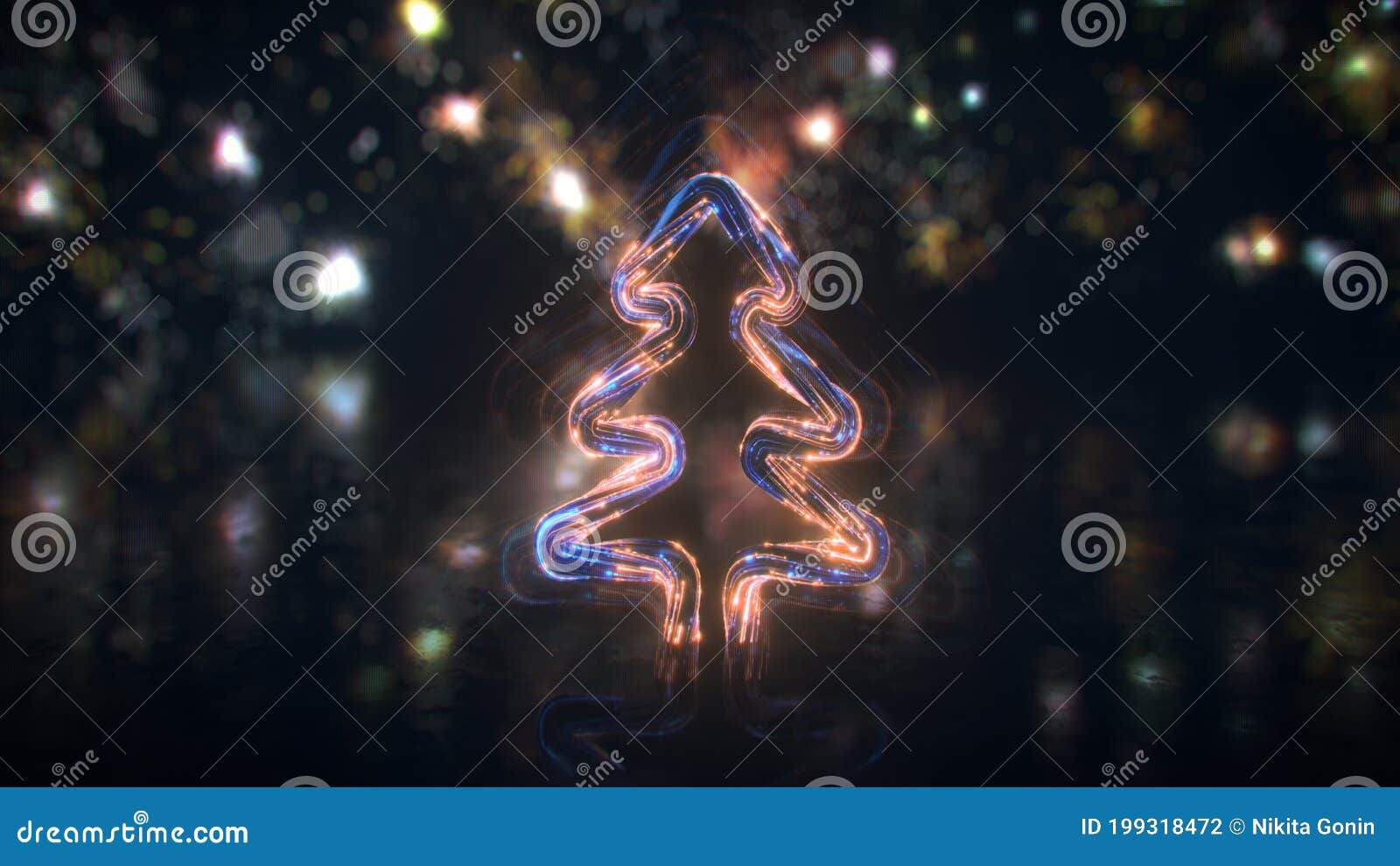 Cyberpunk Christmas Tree and Fireworks 3D Rendering Stock Illustration ...