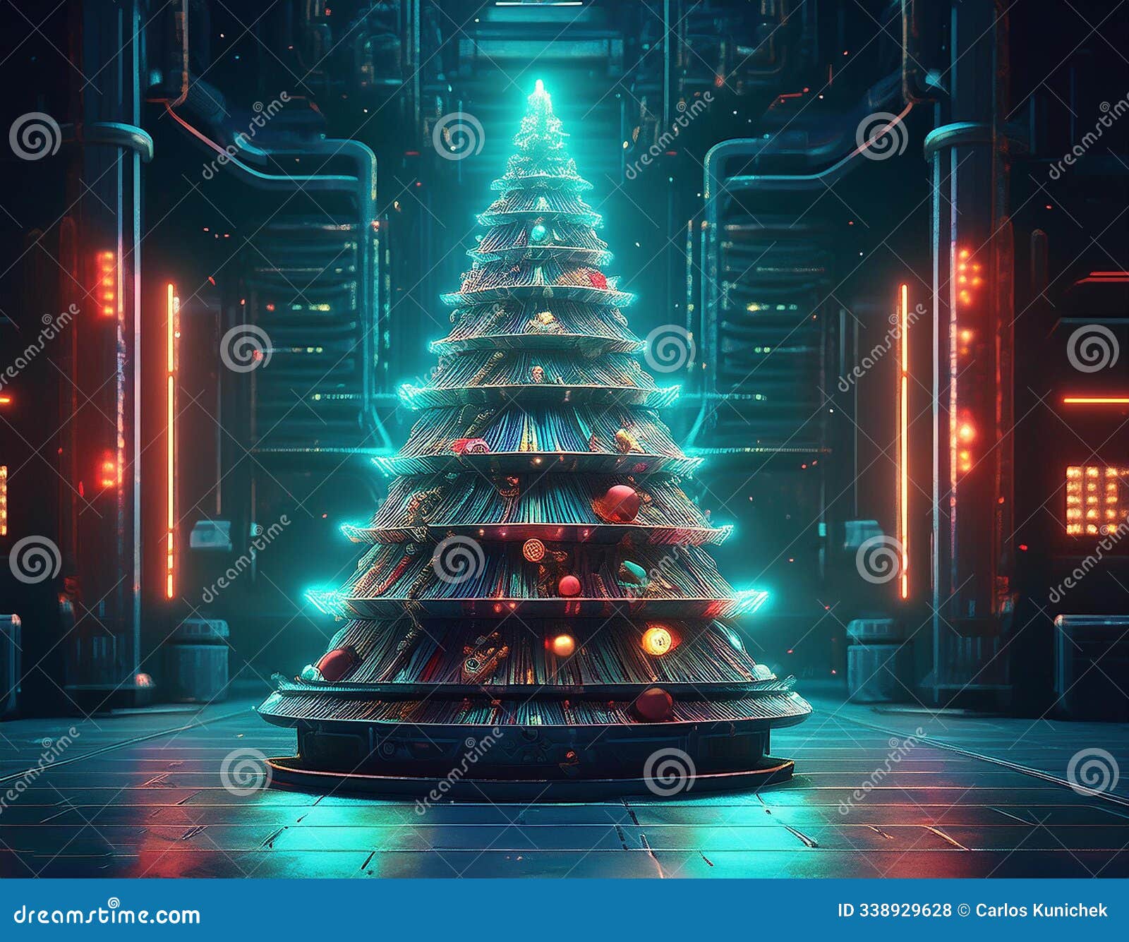 Cyberpunk Christmas Tree With Blue Neon Lights And Futuristic Digital ...