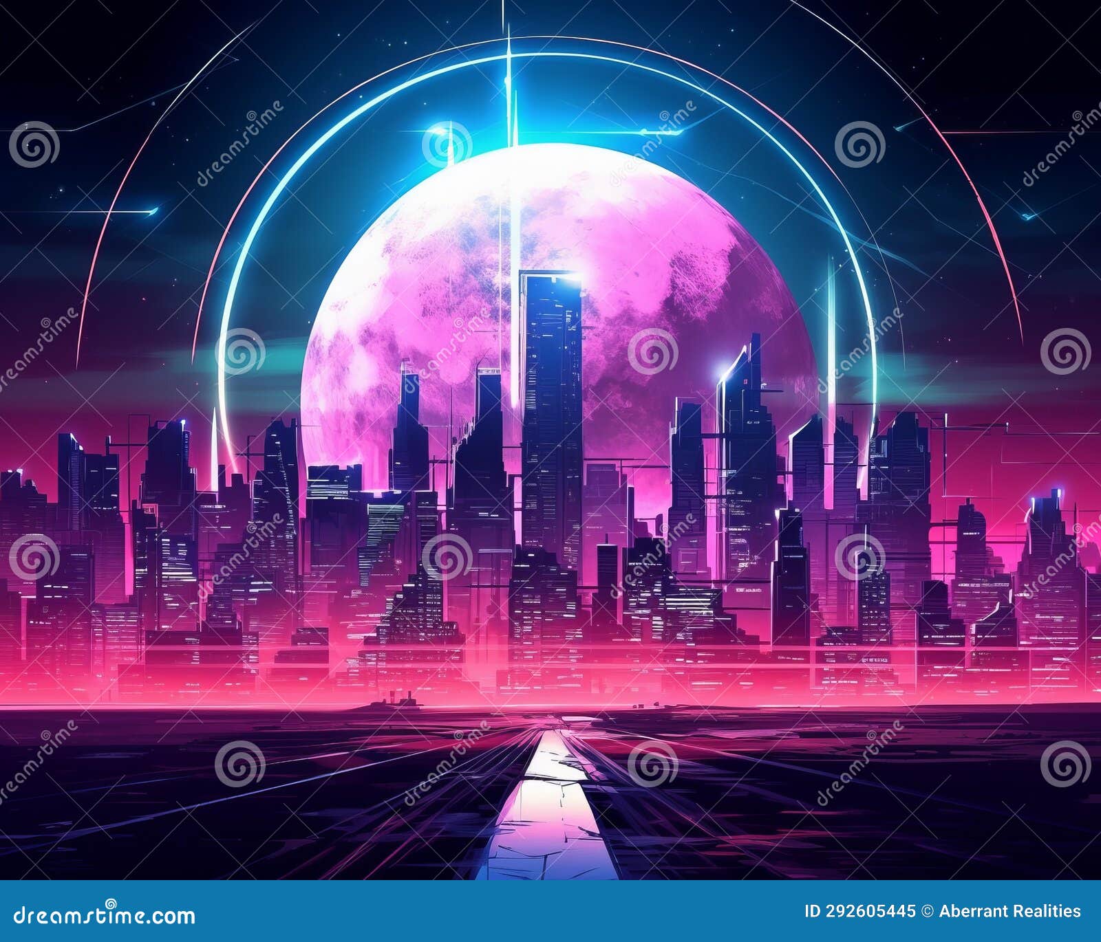 Cyberpunk City with Neon Lights and Moon in the Background Stock ...